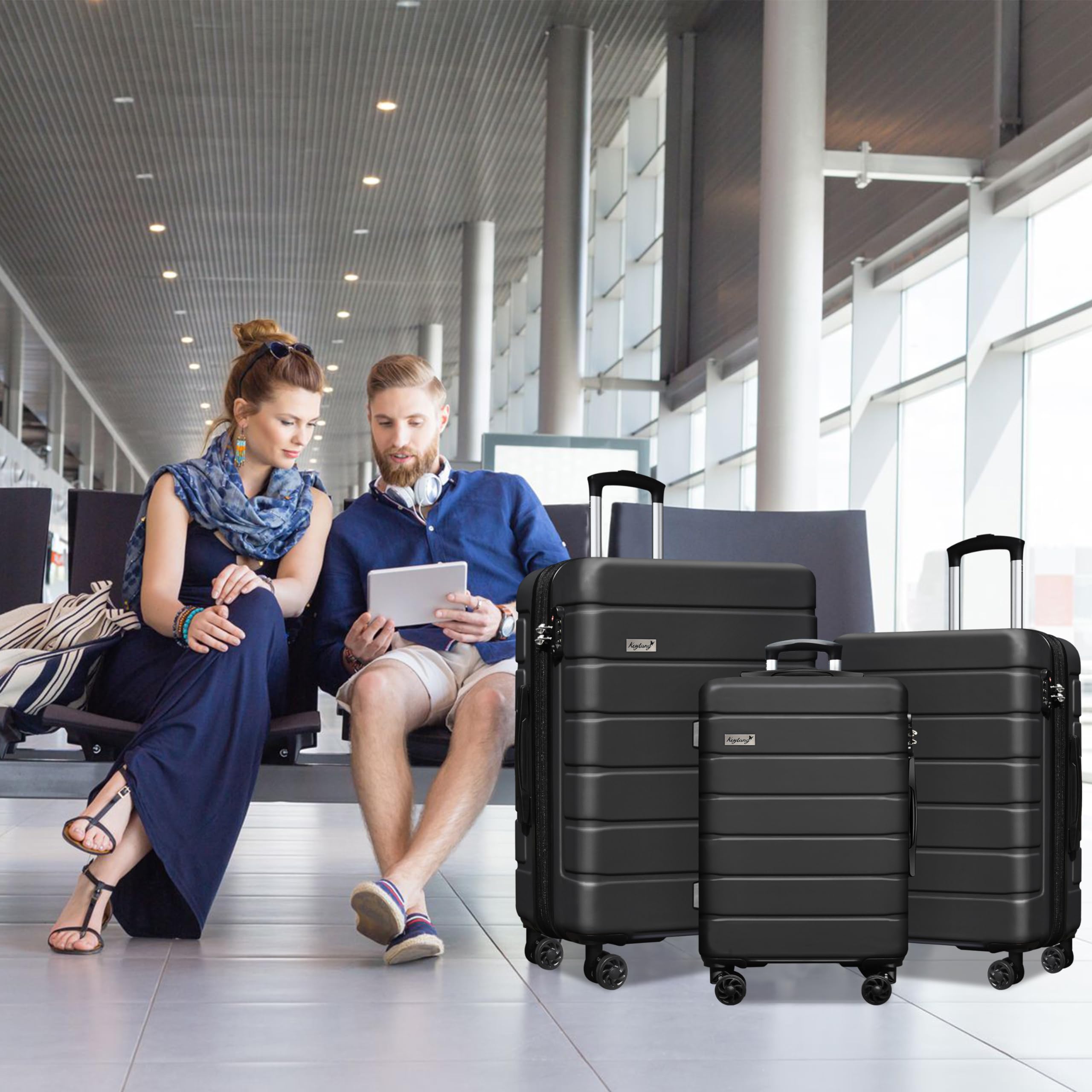 Keytang Explorer Lightweight Hardside Expandable Luggage Spinner Wheels Suitcase W/TSA Lock, Signal Black, 3 Piece Set