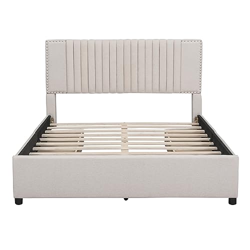 Upholstered Queen Size Platform Bed Frame with 4 Storage Drawers, Linen Fabric Upholstered Platform Bed Frame with Strong Wooden Slats Support/Classic Headboard/No Box Spring Needed (Beige, Queen)