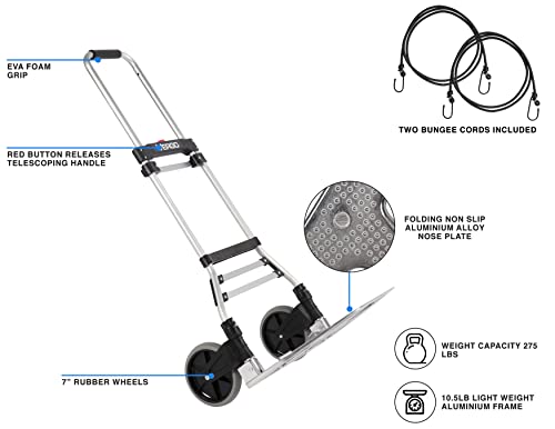 Vergo Industrial Folding Hand Truck - 275 lb. Capacity Dolly Cart - No Assembly Required Hand Cart, Lightweight, Collapsible & Compact, Telescoping Handle Extends to 42.5 Inches