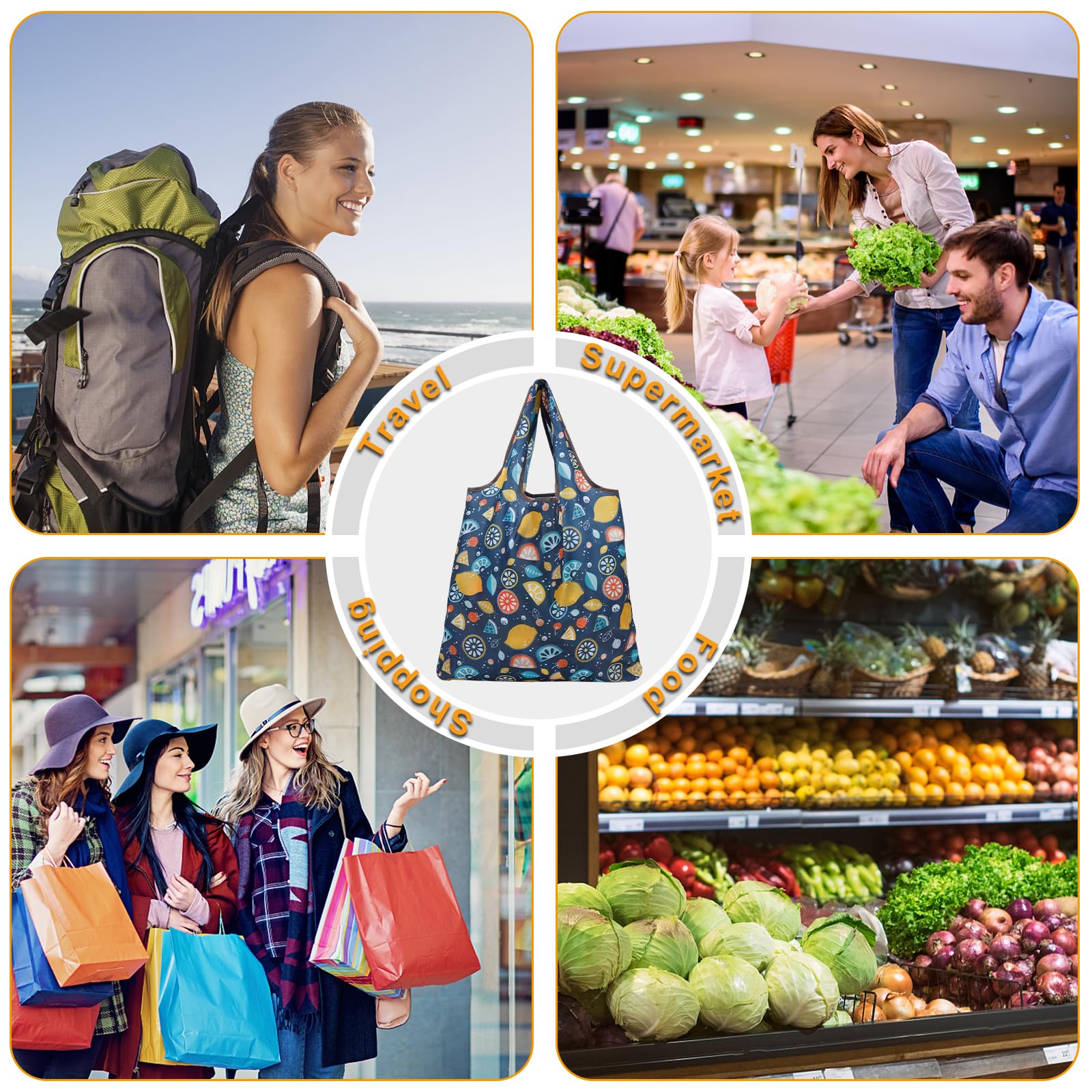 Kemoxan 6 Pack Reusable Shopping Bags ,Foldable Waterproof Grocery Totes,Washable Durable Sturdy Nylon Separated Storage Pouch, Easy to Store and Carry 6 Pattern Eco-friendly Bags.