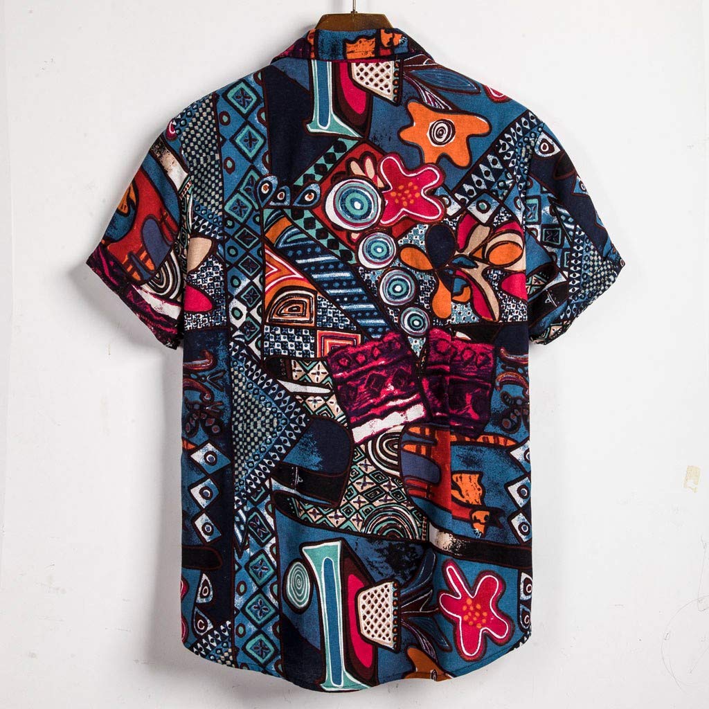 Men's Hawaiian Cotton Linen Printed Short Sleeve Henley Shirts Bohemian Tops