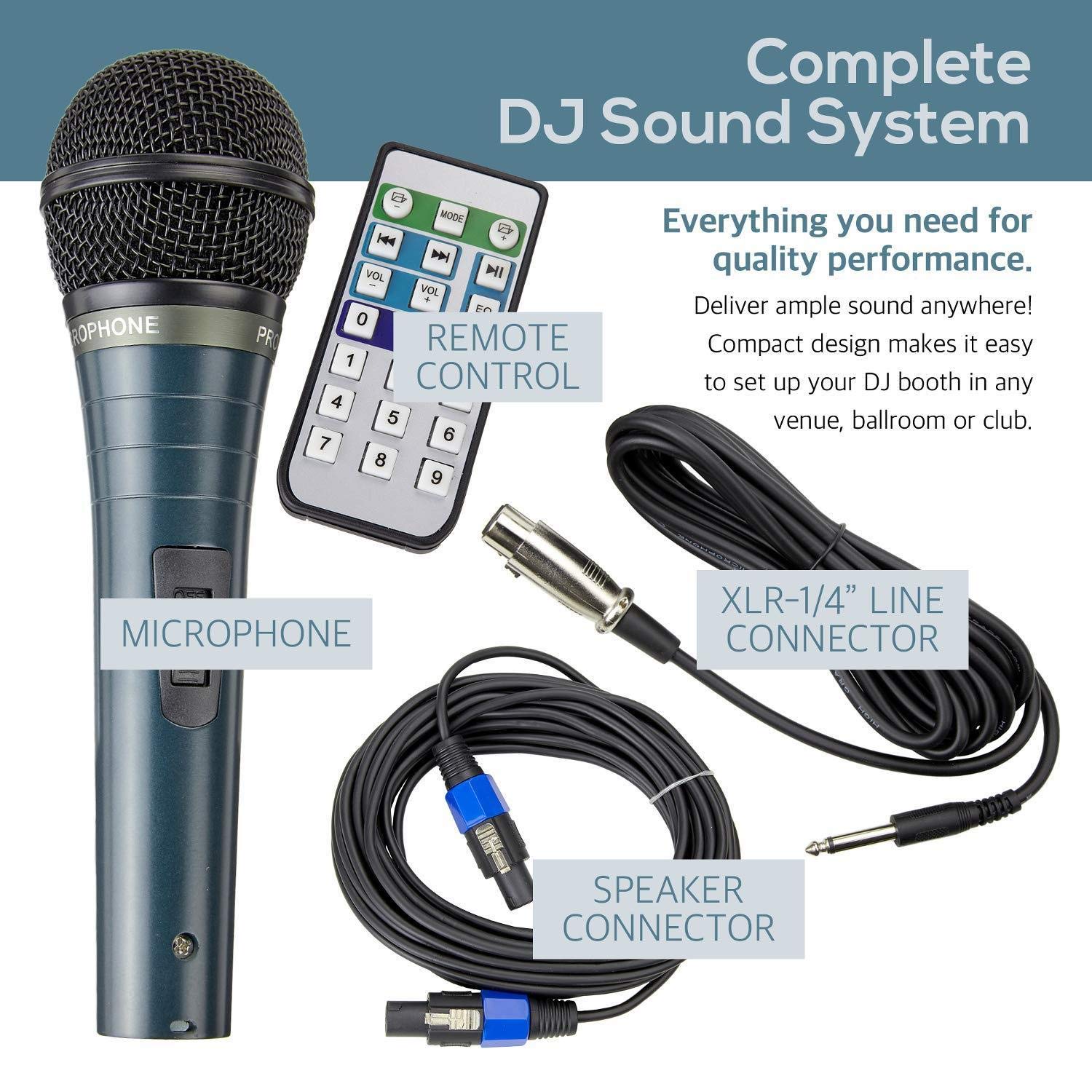 Knox Dual 15" Speakers, 600 Watt - 8 Piece Portable PA System - Microphone, Tripods, Remote Control - Bluetooth, USB, SD Card, RCA and 1/4" Inputs - Colorful LED Lights