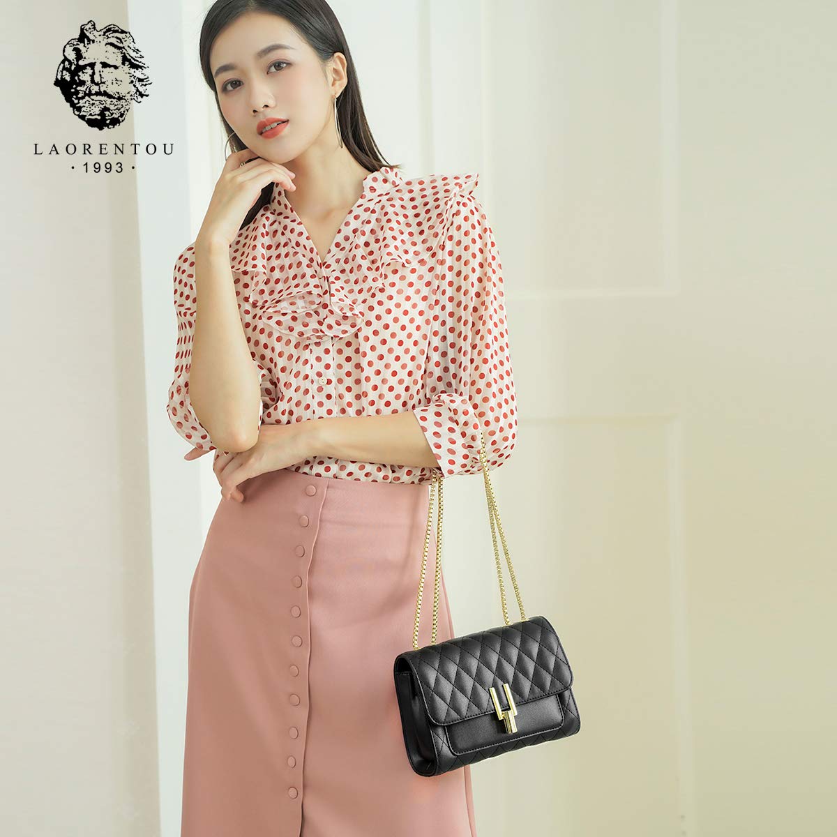 LAORENTOU Cow Leather Small Crossbody Bags for Women Quilted Handbag Purse with Chain Strap Shoulder Purse Clearance