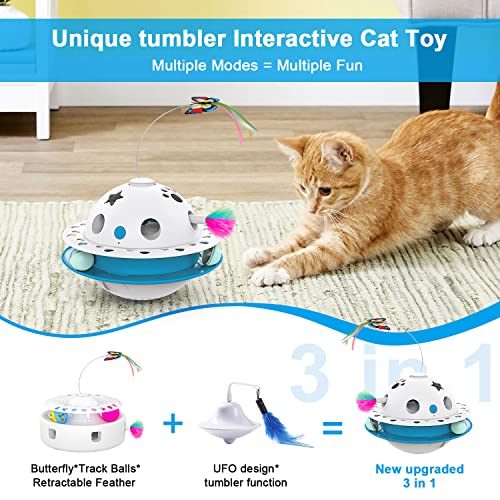 Tyasoleil 3 in 1 Smart Cat Toys, Interactive Cat Roly Poly Toy, Electric Indoor Kitten Toys, Fluttering Butterfly,Random Whack-A-Mole Mice, Dual Power Supplies, Auto On/Off(Blue)