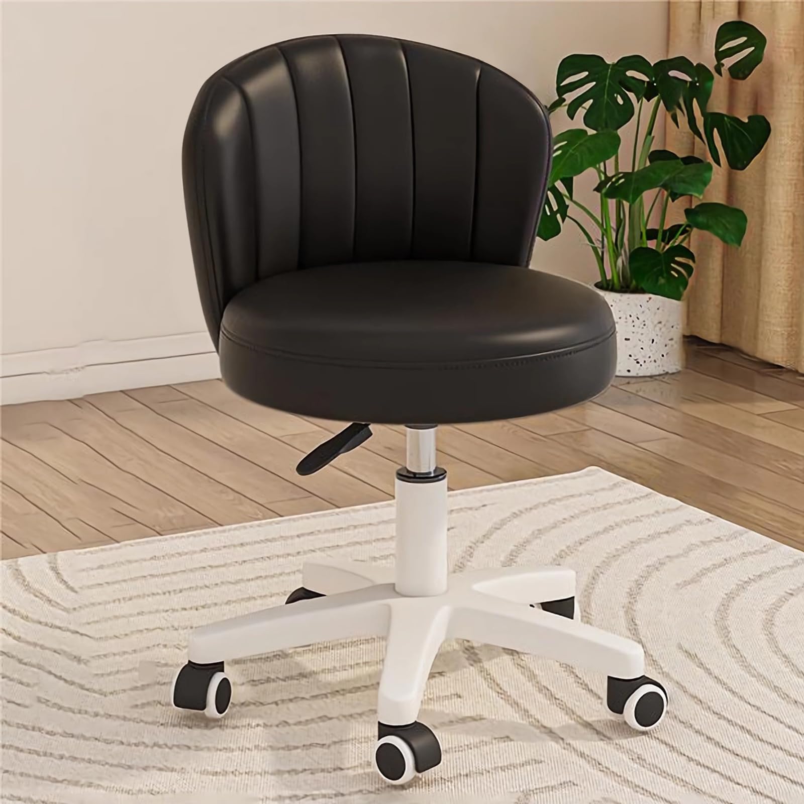 XUEGW Home Office Chair with Wheels PU Leather Swivel Drafting Chair with Back Rolling Round Stool Height Adjustable Work Task Vanity Salon Spa Stool Chair (White, 13.8 * 2 * 9.8)