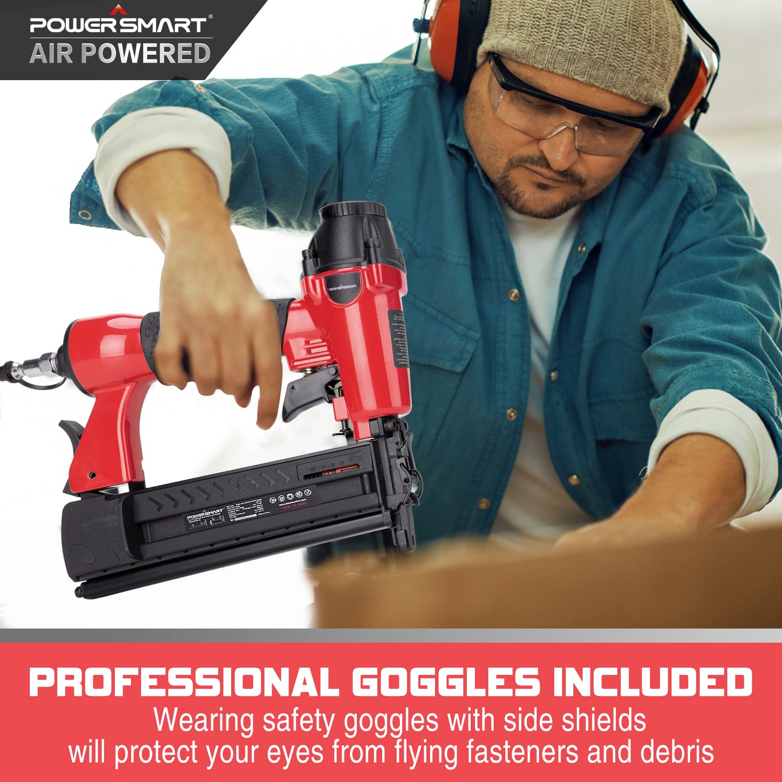 Pneumatic Brad Nailer, POWERSMART 2 in 1 Nail Gun and Crown Stapler with Safety Glasses, Compatible with 5/8β up to 2β Nails, 18 Gauge Brad Gun for Upholstery, Carpentry and Woodworking Projects