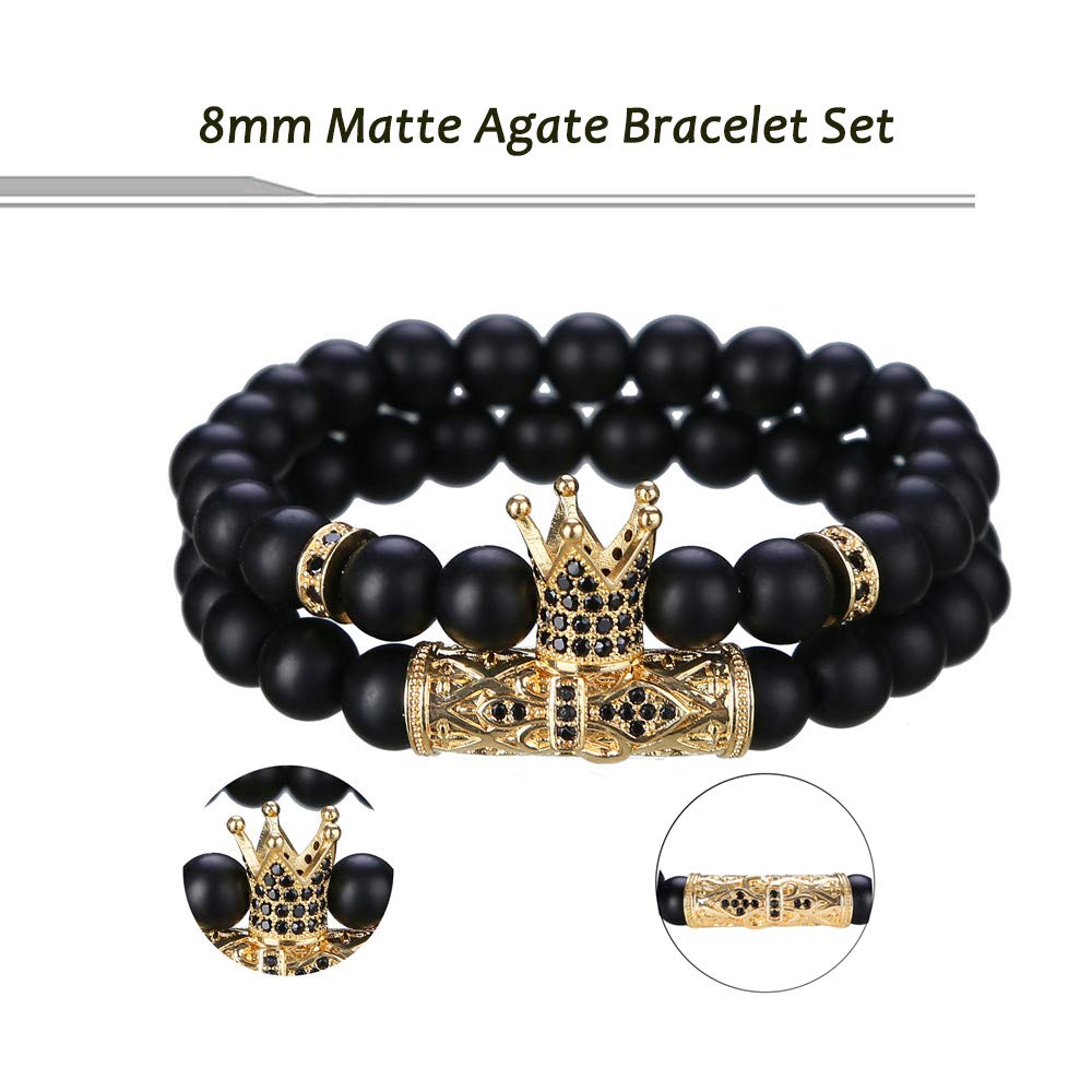 KAMRESH 8mm Beads Bracelets Black Matte Onyx Stone Bracelet Sets Charm King Crown for Women Men Jewelry
