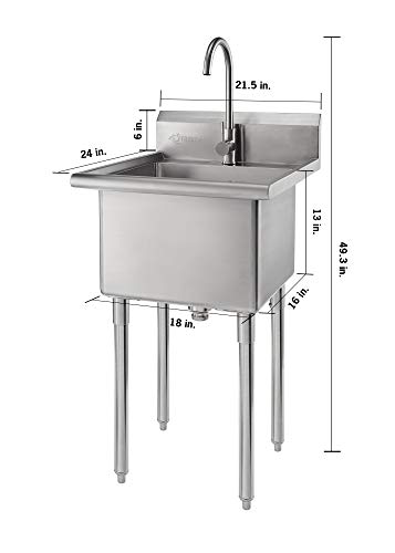 TRINITY EcoStorage Stainless Steel Freestanding Single Bowl Utility Sink for Garage, Laundry Room, and Restaurants, Includes Faucet, NSF Certified, 49.2-Inch by 21.5-Inch by 24-Inch, Chrome