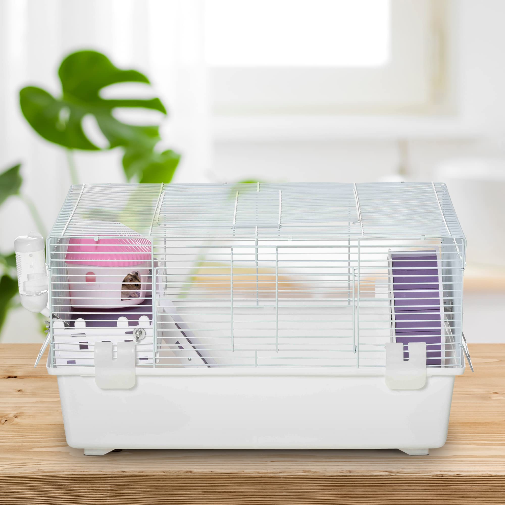 PawHut 2 Tier Hamster Cage Gerbil Rodent House Small Animal Habitat with Water Bottle, Exercise Wheel, Ladder, Hut, White