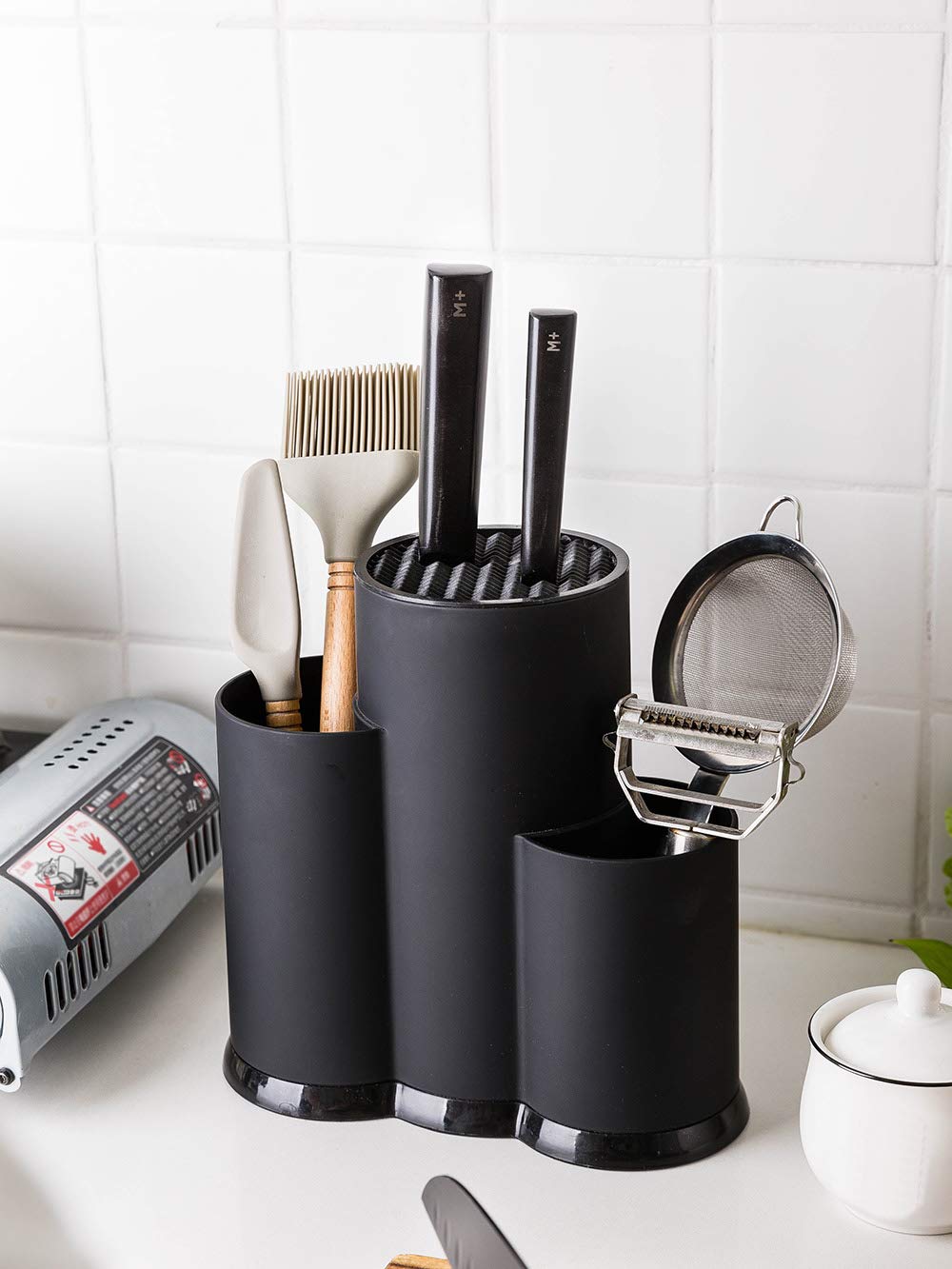 MDZF SWEET HOME 3-in-1 Kitchen Utensil Holder Set with Knife Block without Knives, Large Kitchen Tools Flatware Holder Organized Utensil Drying Cylinder, Black
