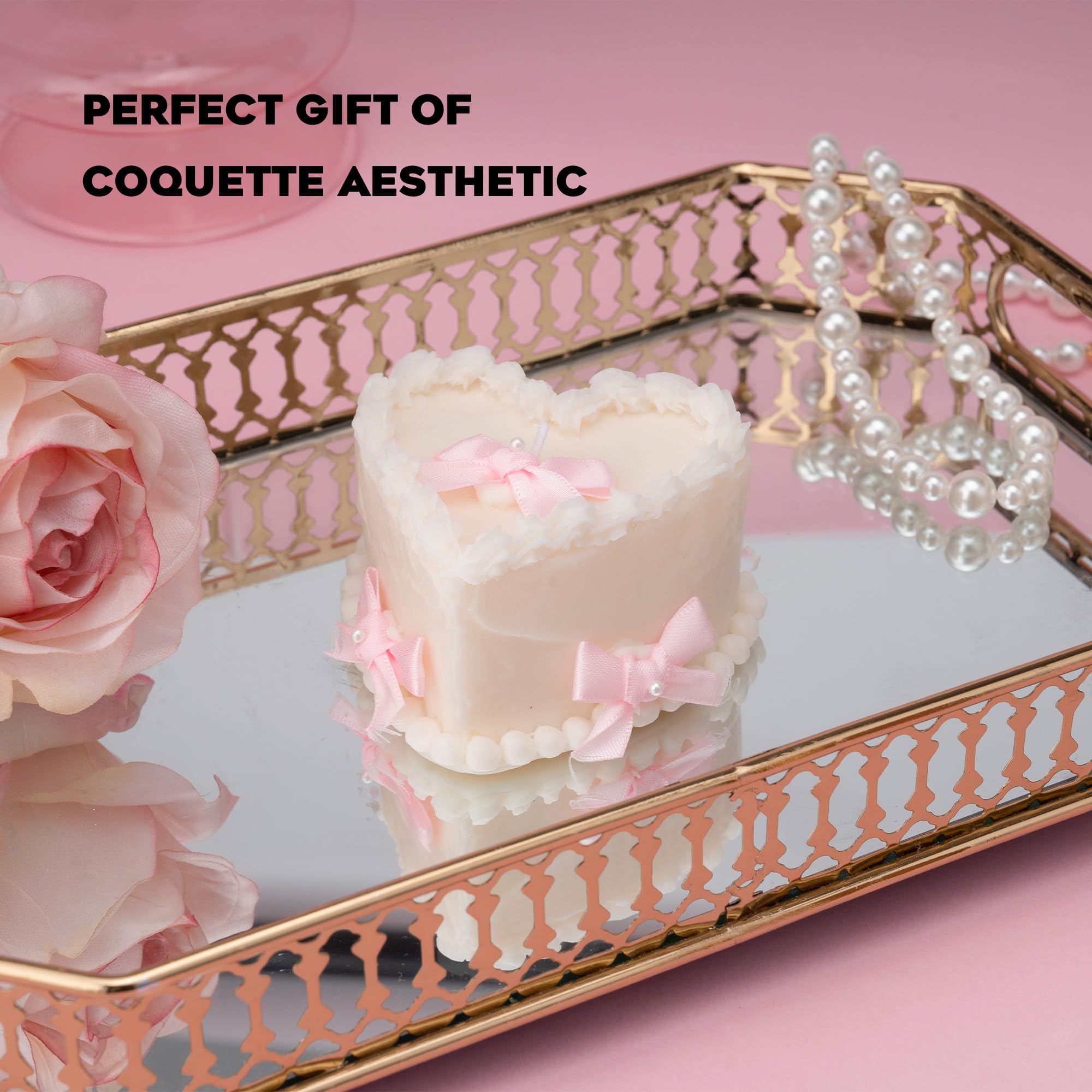 Stylor Coquette Room Decor Aesthetic, Heart Cake Shaped Soy Wax Decorative Candle with Pink Bows for Apartment, Girly Kawaii Cute Stuff for Bathroom Decor. (5 OZ, Vanilla Cream Scented)