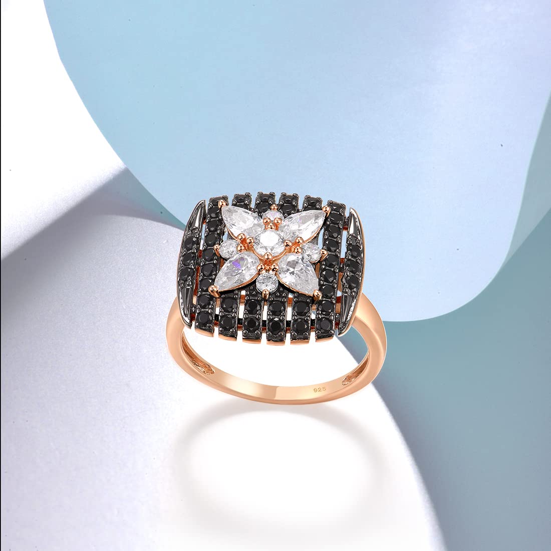 Santuzza 925 Sterling Silver Gemstone Flower Ring Black Spinel White Cubic Zirconia Cushion Ring for Women (7)