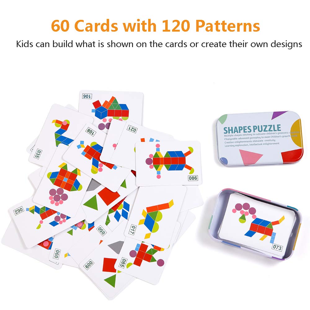 LiKee Wooden Pattern Blocks (34 Shape Pieces& 60 Cards)