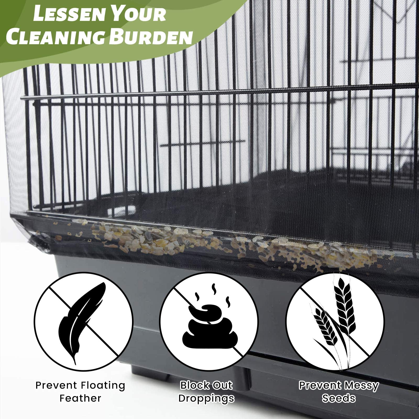 KFPPLXQ Bird Cage Cover Adjustable, Extra Large Soft Breathable Mesh Bird Cage Nettin Seed Catcher for Indoor Round Square Cage (Black, 118 x 39.5 Inch/ 300 x 100 cm)