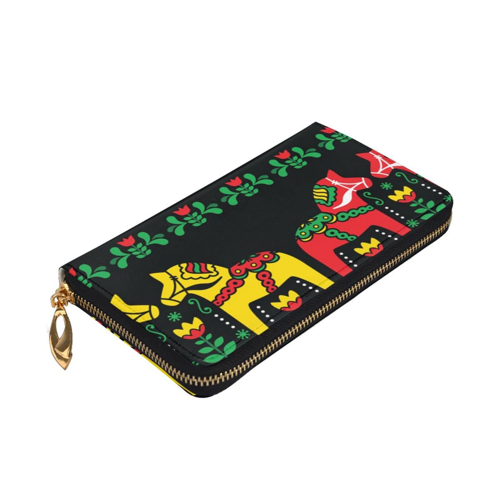 Runner Swedish Dala Horse Folk Printed Men'S And Women'S Leather Wallets, Large Capacity Wallets, Long Clutch Bags, Portable Wristlet With Zipper