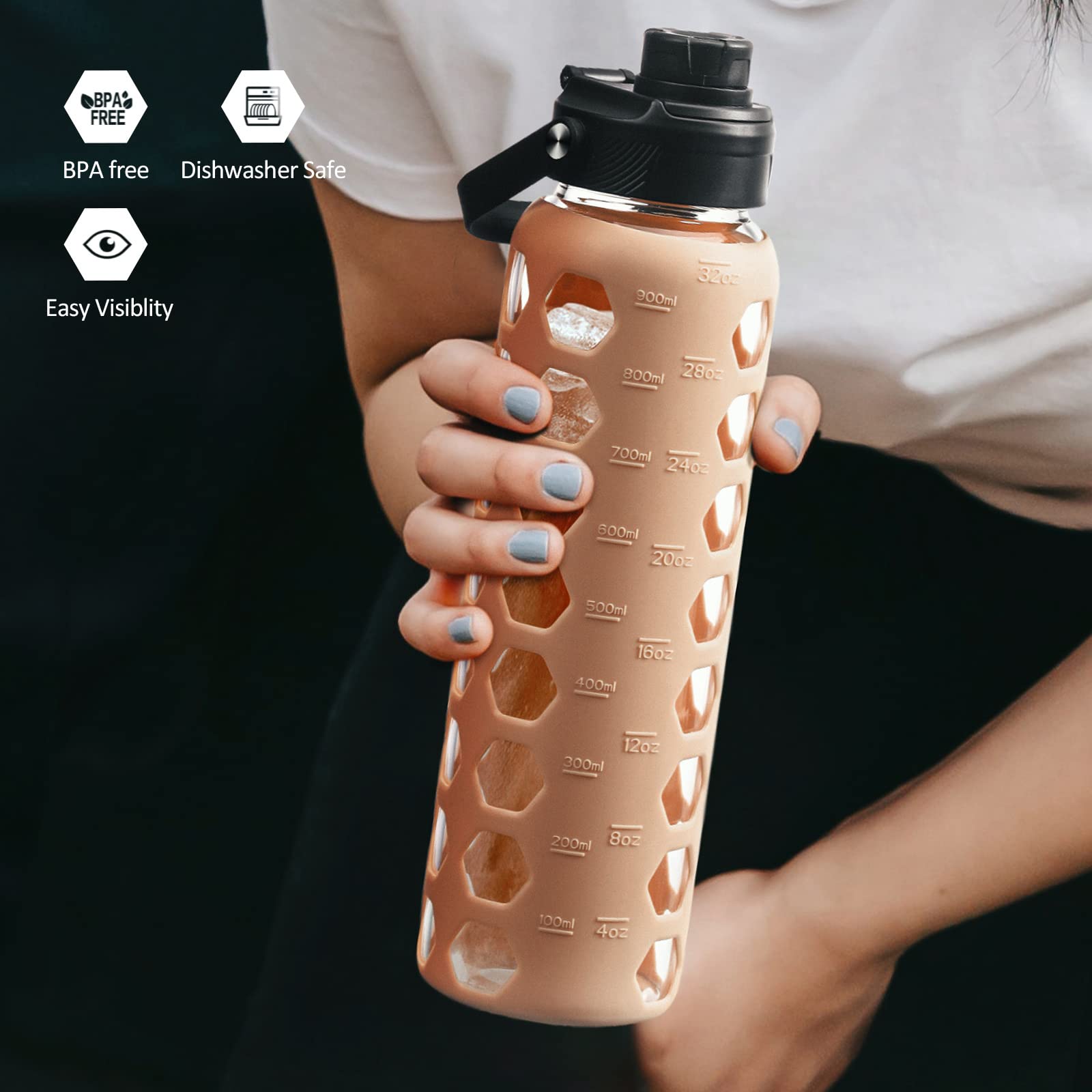 MUKOKO 32oz Glass Water Bottles with 2 Lids-Handle Spout Lid&Bamboo Straw Lid, Motivational Water Tumbler with Time Marker Reminder and Silicone Sleeve, Leakproof-Amber-1 Pack