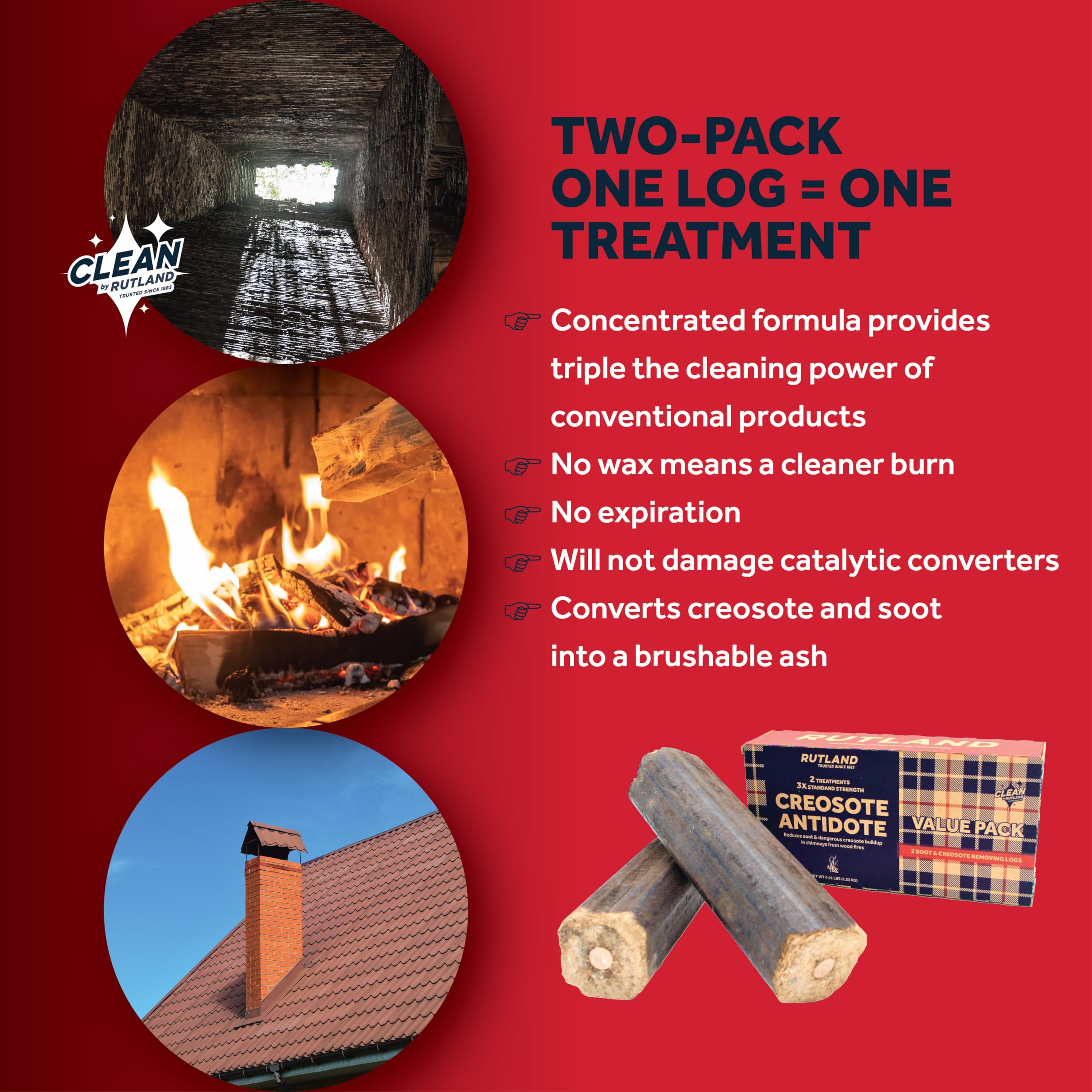 Rutland Creosote Antidote™, 3X Cleaning Power, Chimney Cleaning Fire Logs, 2-Pack Creosote Sweeping Firelogs, 2.45 lbs Each Treatment, Made in USA