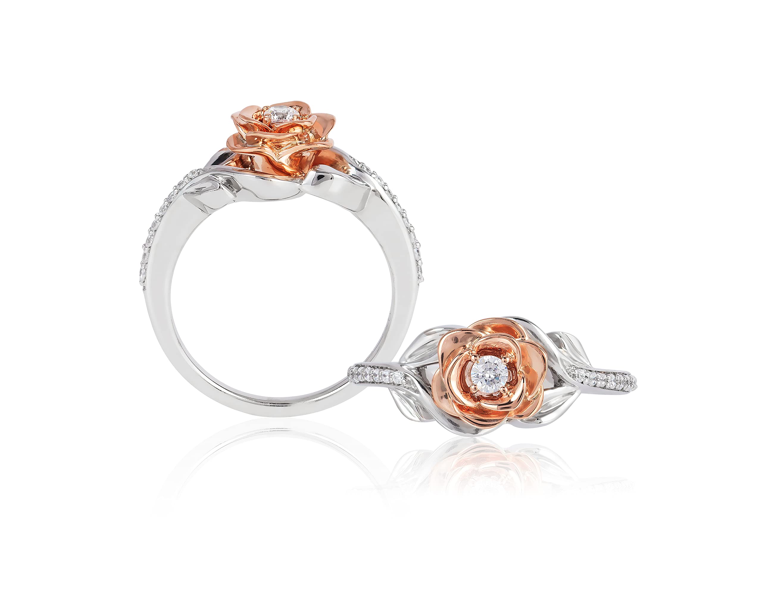 Jewelili Enchanted Disney Fine Jewelry 10K White Gold and Rose Gold 1/5 Cttw Diamond Belle Rose Ring