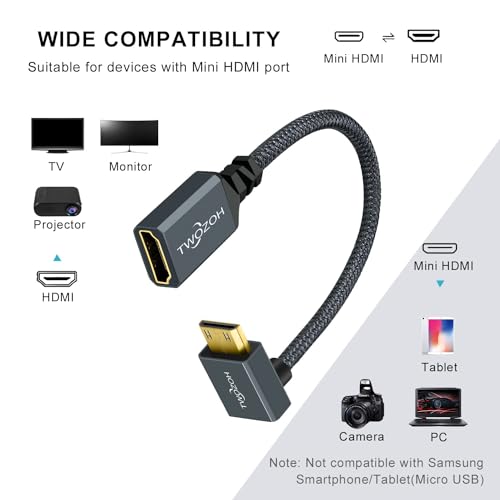 Twozoh Angled Mini HDMI to HDMI Adapter Cable 0.6FT,Nylon Braided Downward Angled 90° Degree Mini HDMI to HDMI Extension Cable Support 3D/4K 1080p