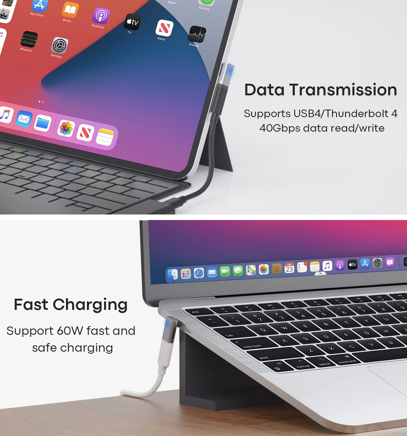 TECHTOBOX Right Angle USB-C Adapter 2-Pack Flat 90 Degree Type C Gen 2 Male to Female Adapter Support 40Gbps Data 60W Fast Charging 8K Video for Laptop,Steam Dock,Switch,Tablet,Mobile Phone