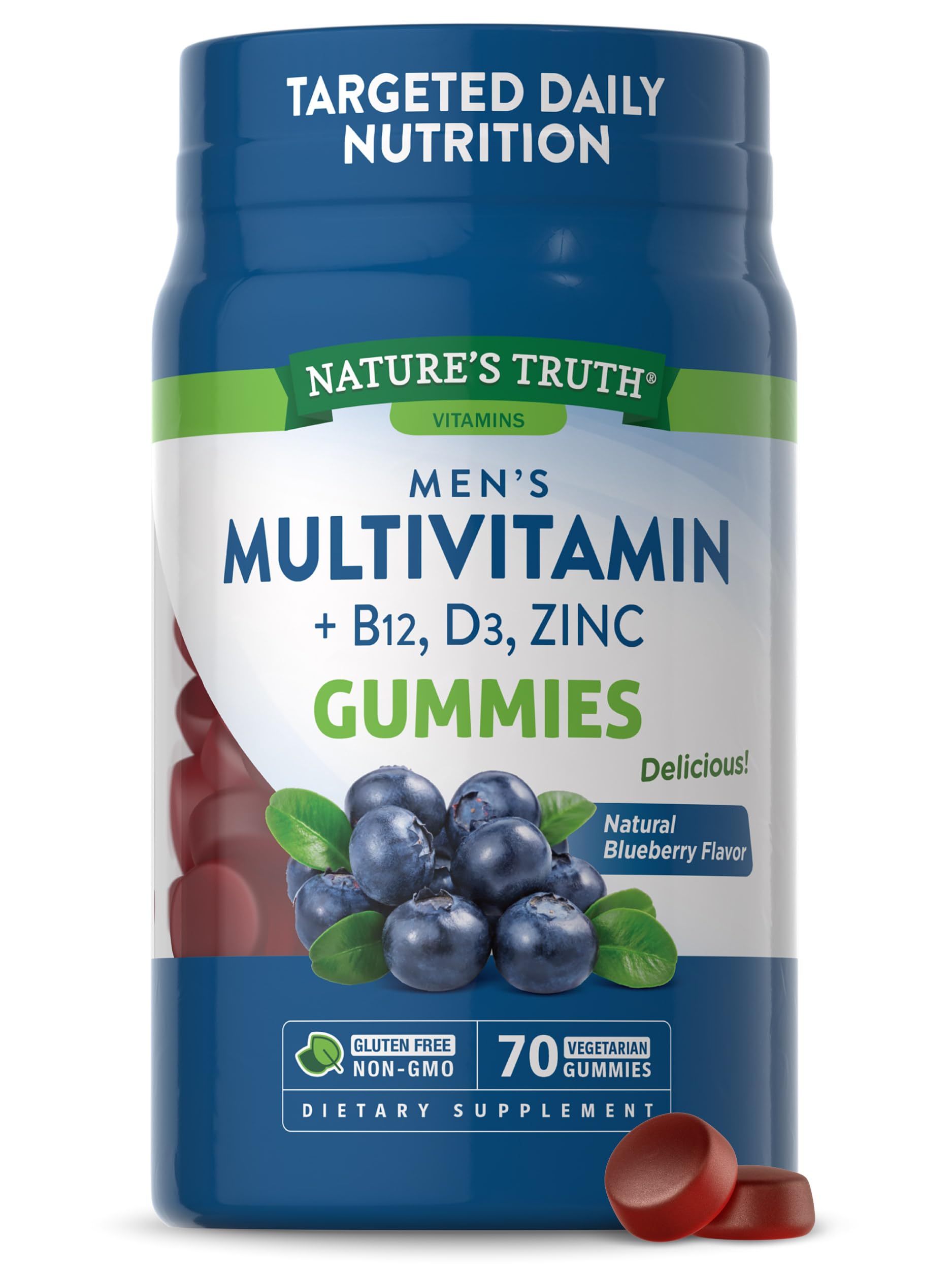 Mens Multivitamin Gummy | 70 Count | Vegetarian, Non-GMO, Gluten Free | with B12, D3, Zinc | Blueberry Flavor | by Nature's Truth