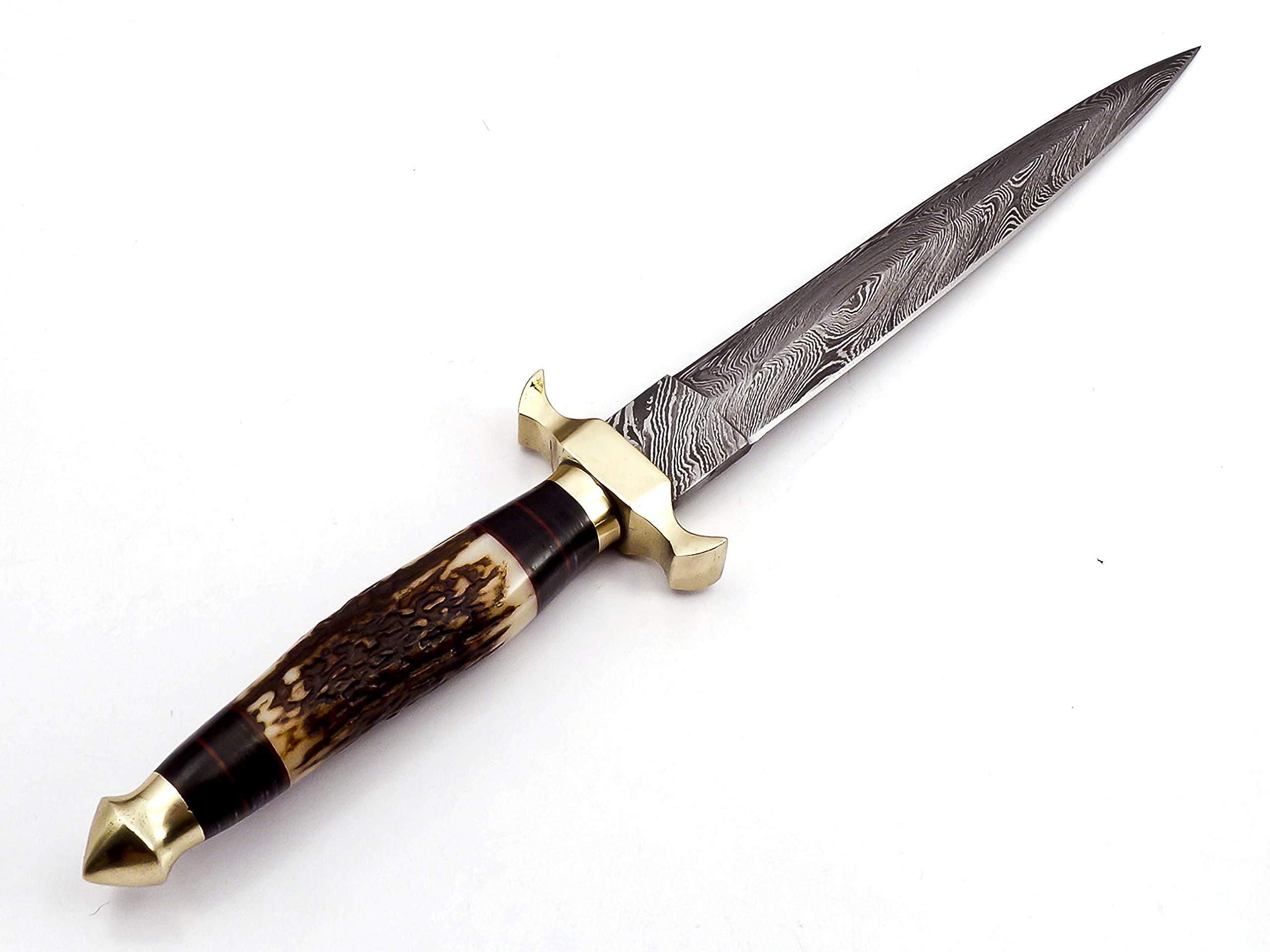 Mid American Cutlery Damascus Steel Fixed Blade Knife With Stag Antler Brass Pommel And Guard