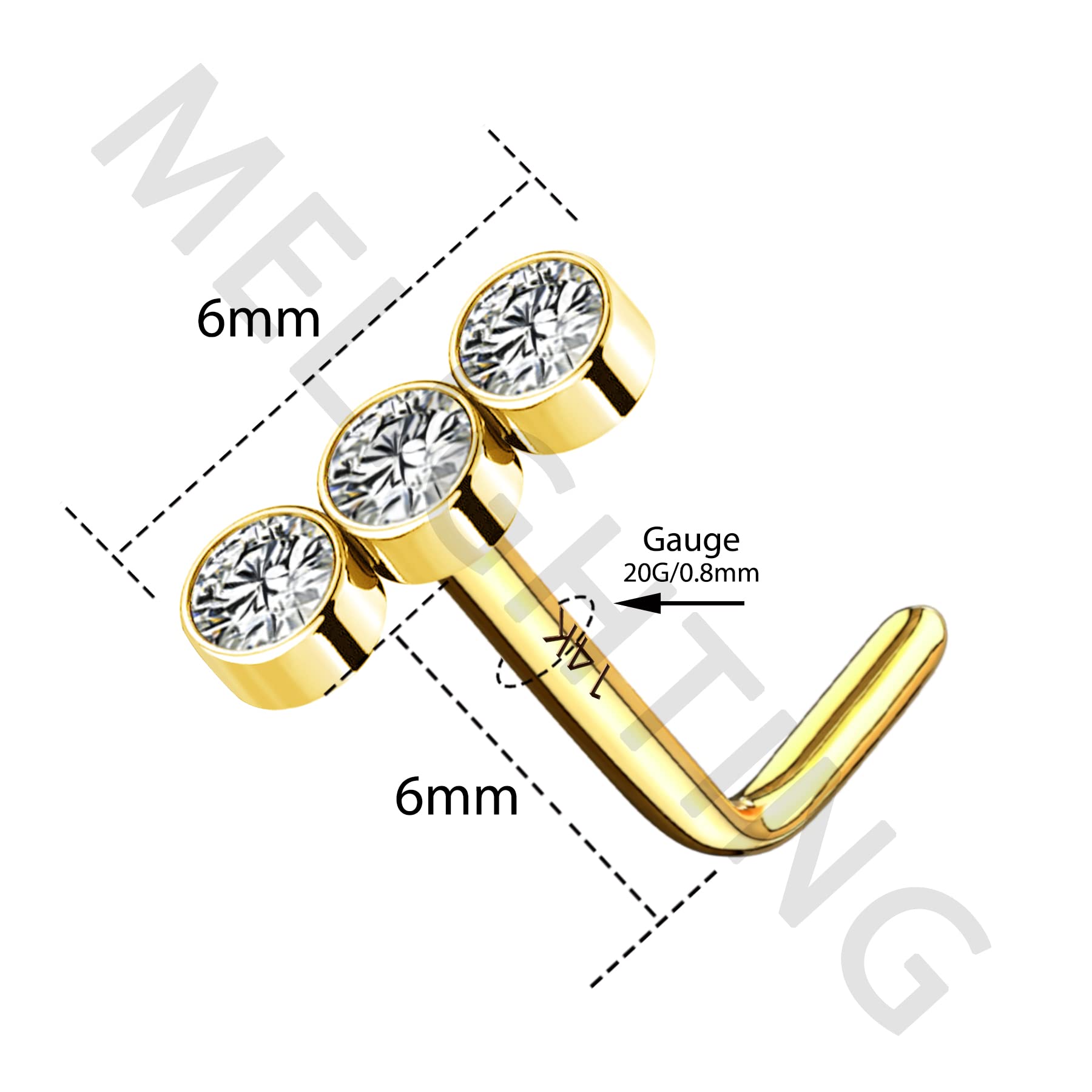 MeIighting 14K Gold Nose Stud L Shaped Nose Ring 20G with Round Cubic Zirconia Nose Piercing Jewelry for Women Men Real Gold
