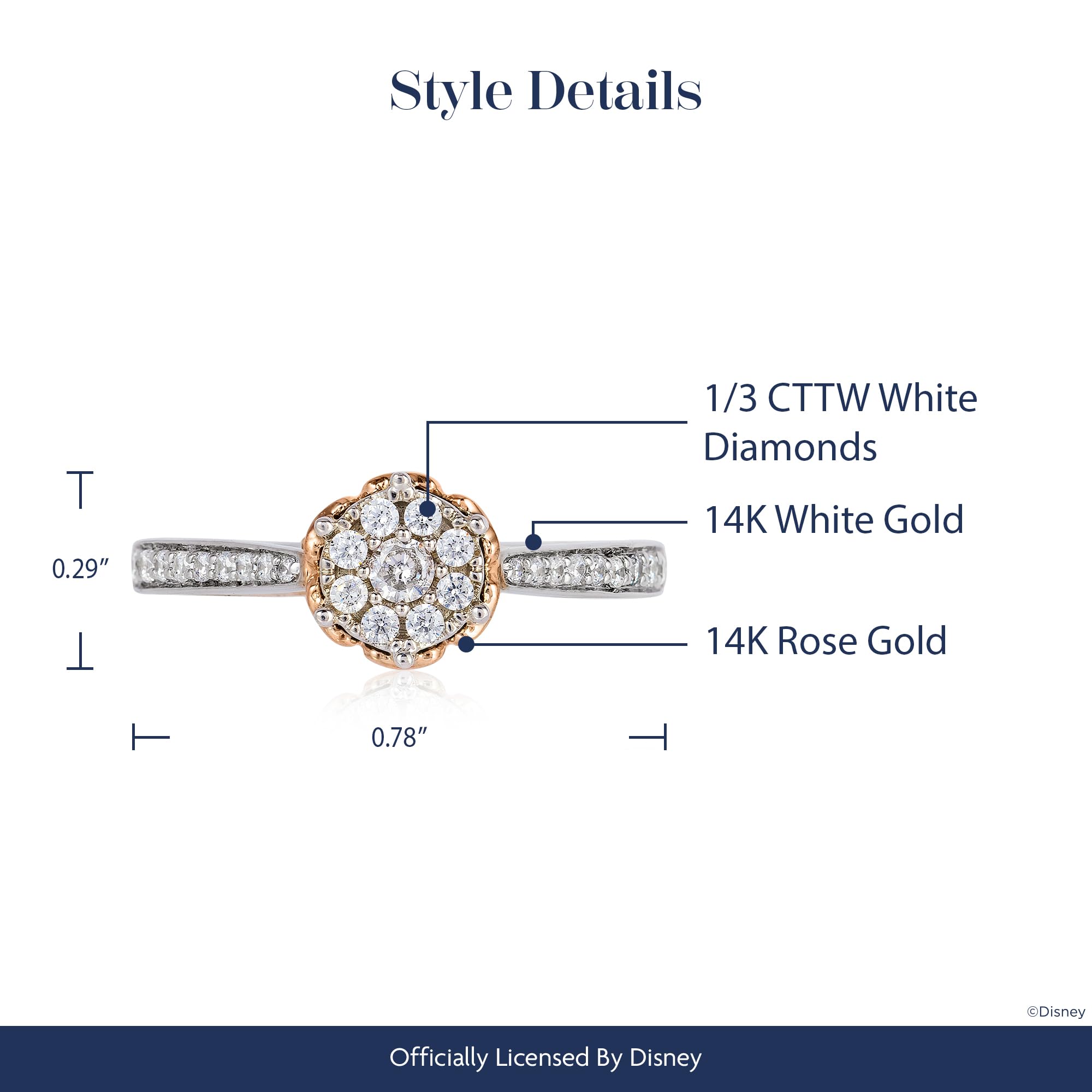 Jewelili Enchanted Disney Fine Jewelry 14K White Gold and Rose Gold 1/3 Cttw Diamond Belle Rose Composite Bridal Ring Size 7