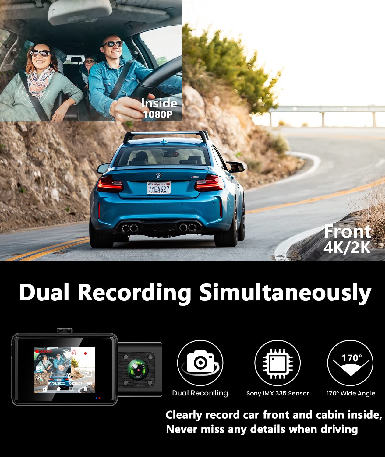 Moplasz 4K Dash cam, WiFi Dual Dash Cam Front and Inside with GPS, App, Night Vision, Loop Recording, G-Sensor, 24/7 Parking Monitor, Support 256GB Max (Black)