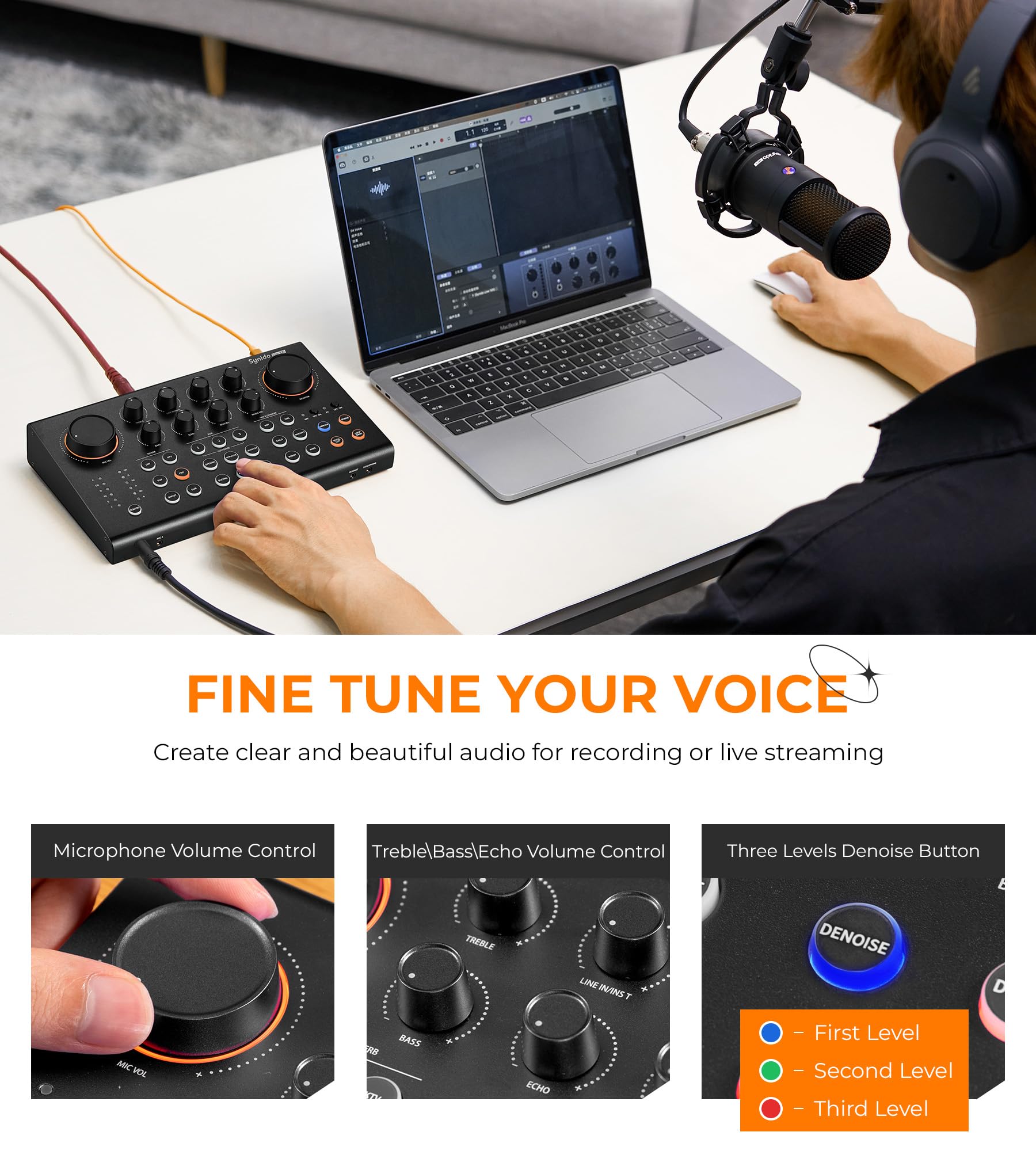 Synido Podcast Equipment Bundle All-in-One Live Sound Card Podcast Production Studio Audio Interface with 48V Phantom Power, Condenser Microphone for Live Streaming, Guitar, Voice Over, PC, Black