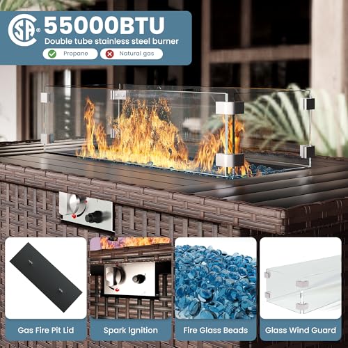 VONZOY Patio Furniture Set with Fire Pit Table, 7 Piece Outdoor Sectional Conversation Sets Wicker Rattan Sectional Sofa with Coffee Table for Patio Garden Backyard, 4'' Thickened Cushion Dark Grey