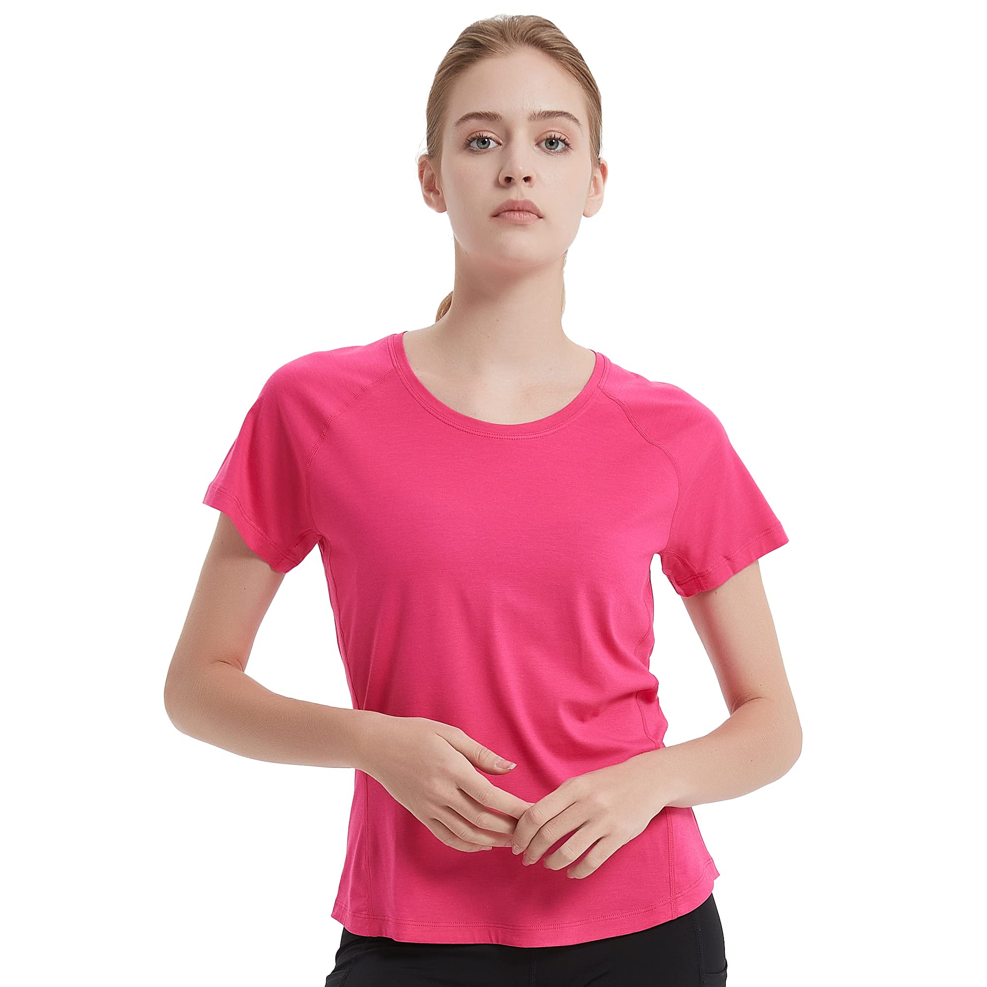netdraw Women's Ultra-Soft Bamboo Workout T-Shirt Seamless Yoga Running Gym Athletic Casual Short Sleeve Tops(Rose Red, Medium)