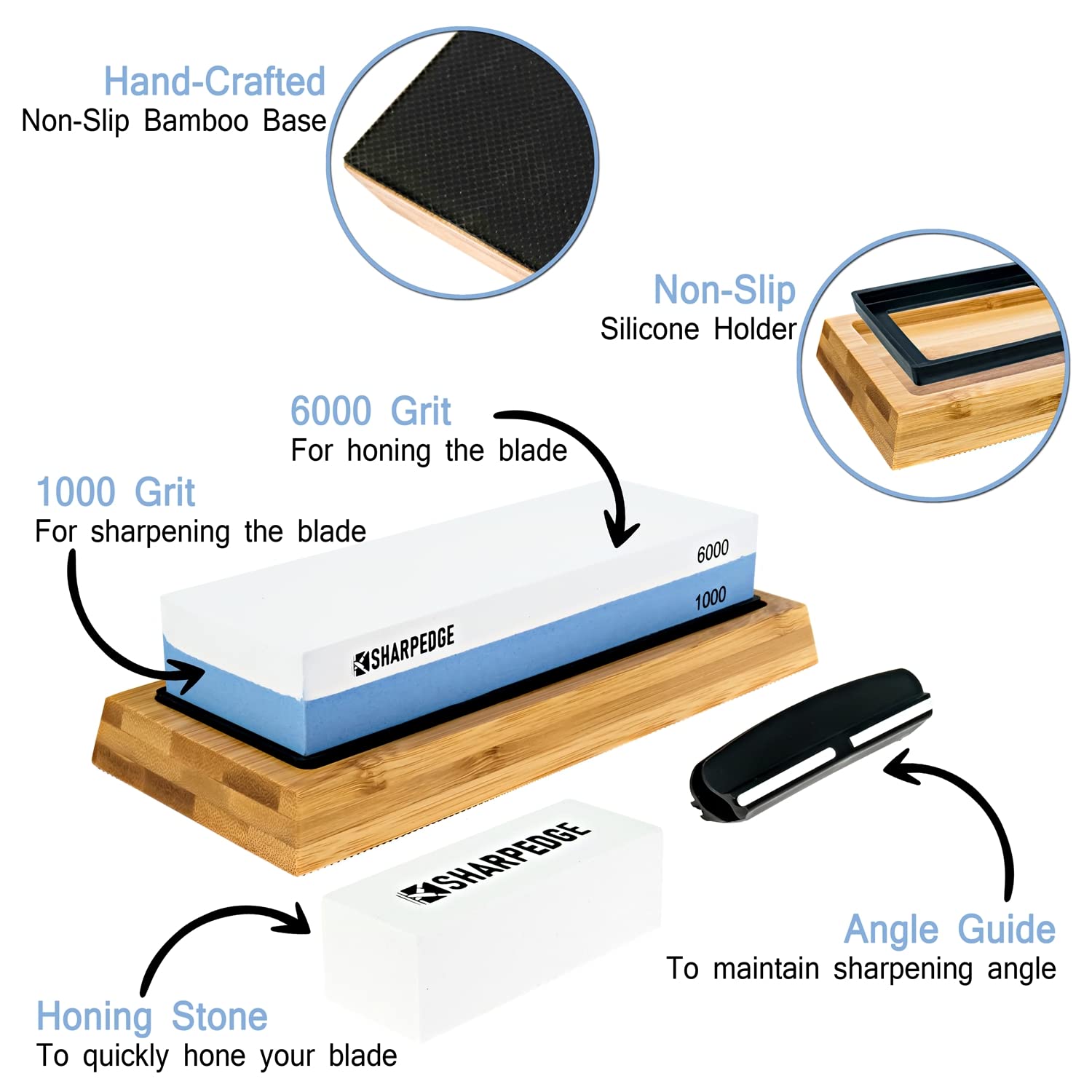 SharpEdge Premium Whetstone Knife Sharpening Stone Two Side Grit 1000/6000 Waterstone Knife Sharpener Non Slip Bamboo Base & Angle Guide