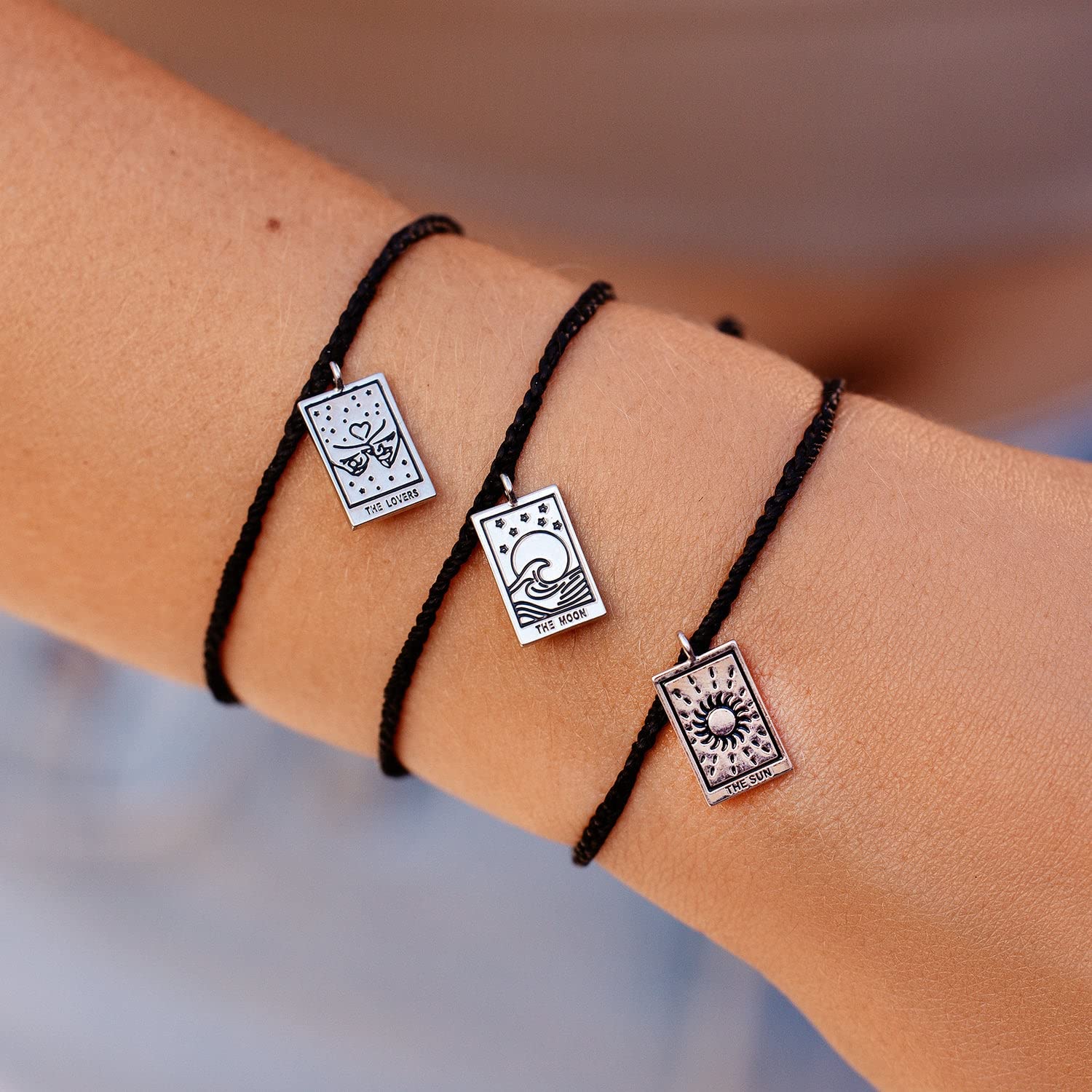 Pura Vida Bracelet Silver Lover Tarot Charm Bracelet - Adjustable Bracelet with Waterproof Band, String Bracelet for Women - Stackable Bracelets, Handmade Braceletss - Black