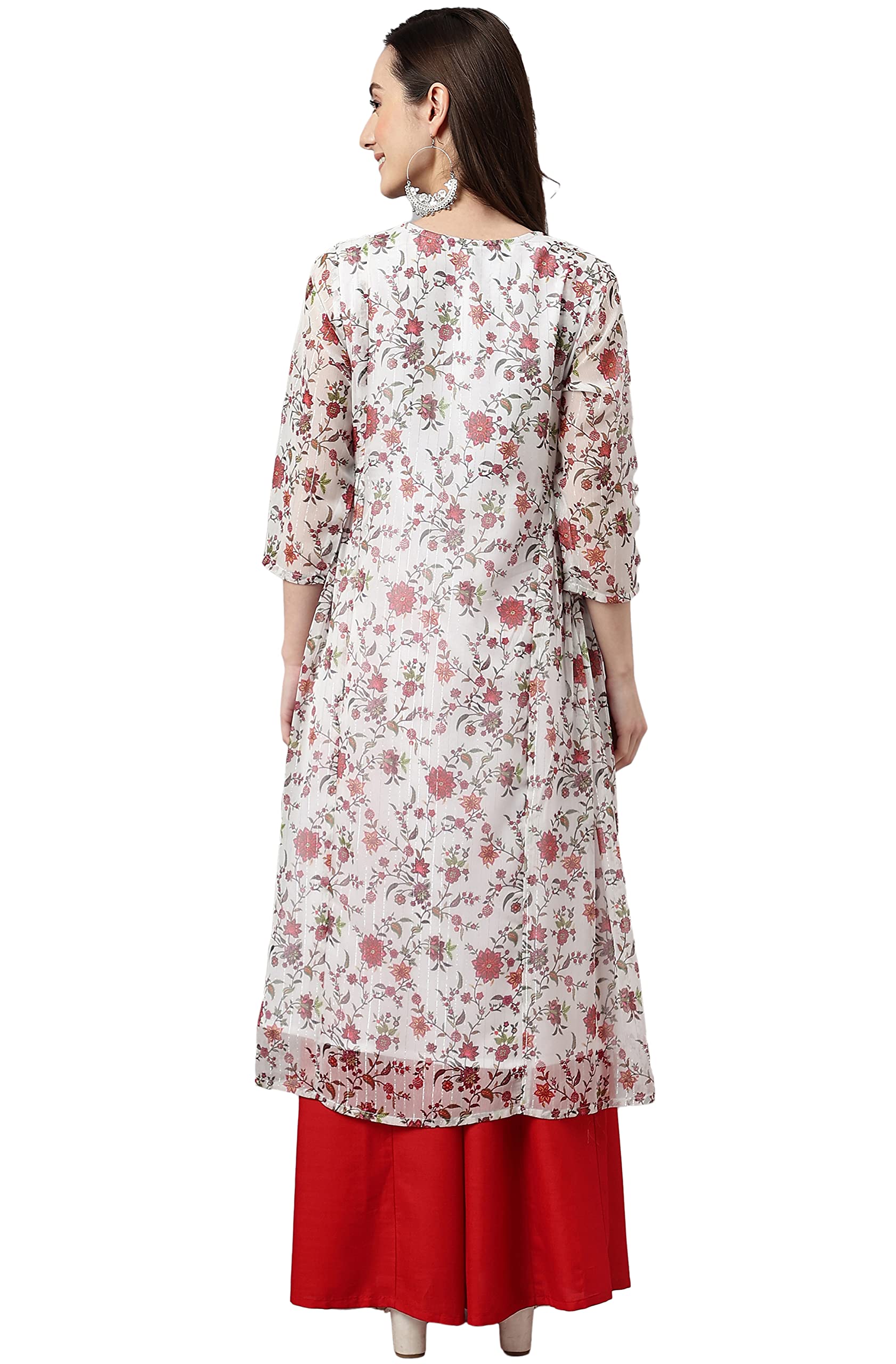 Janasya Indian Women's White Chiffon Lurex Floral Printed flared Kurta