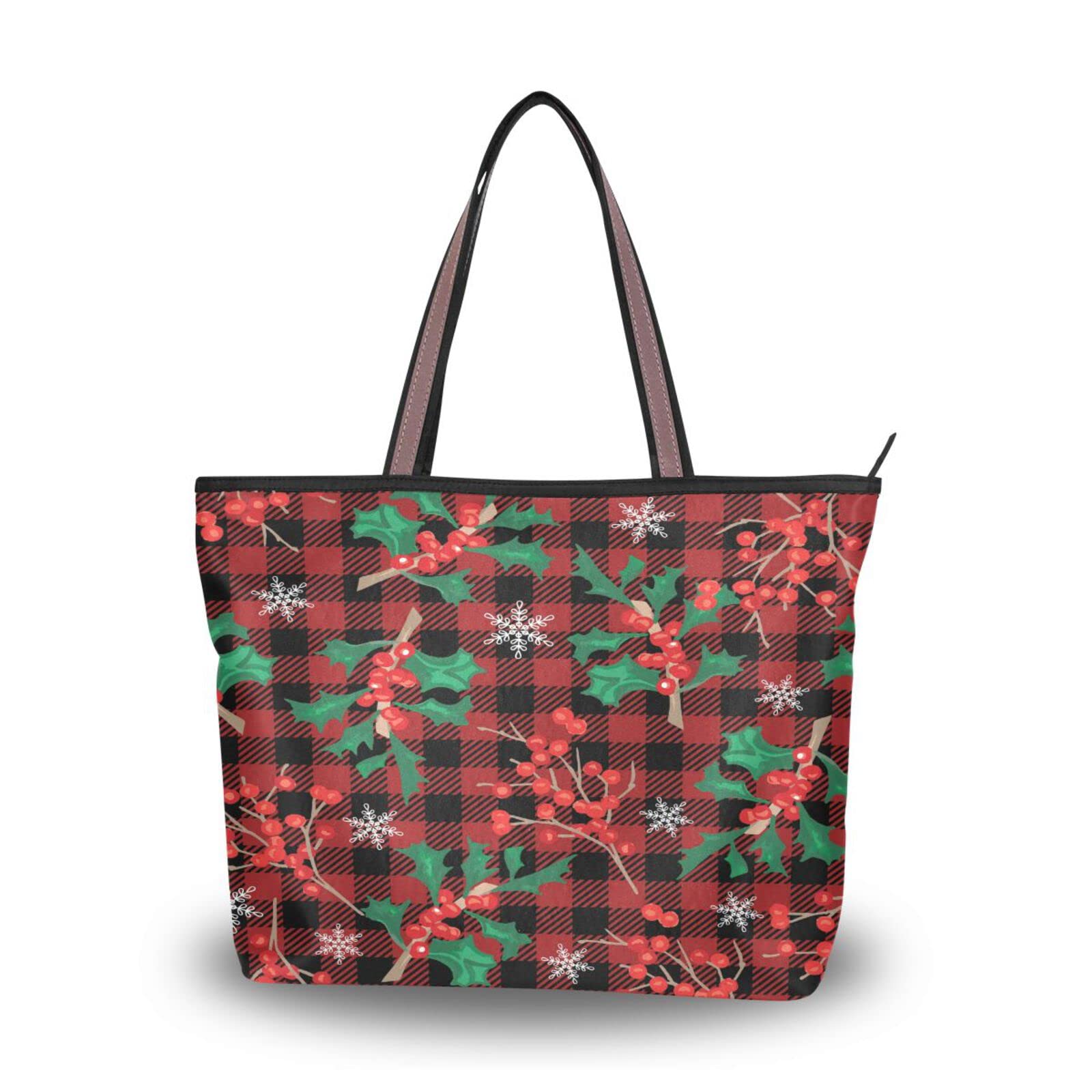 JSTEL Christmas Tote Purse with Pockets and Compartments,Christmas Holly Leaves Berries Tote Bag Zippered Xmas Handbag