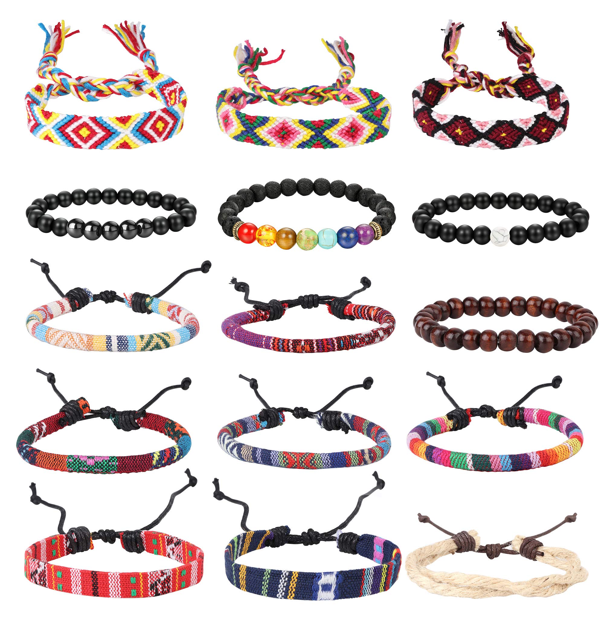 Jstyle 15Pcs Ethnic Tribal Bead Bracelet for Men Women Boho Hemp Cords Wood String Bracelet Woven Strand Bracelet