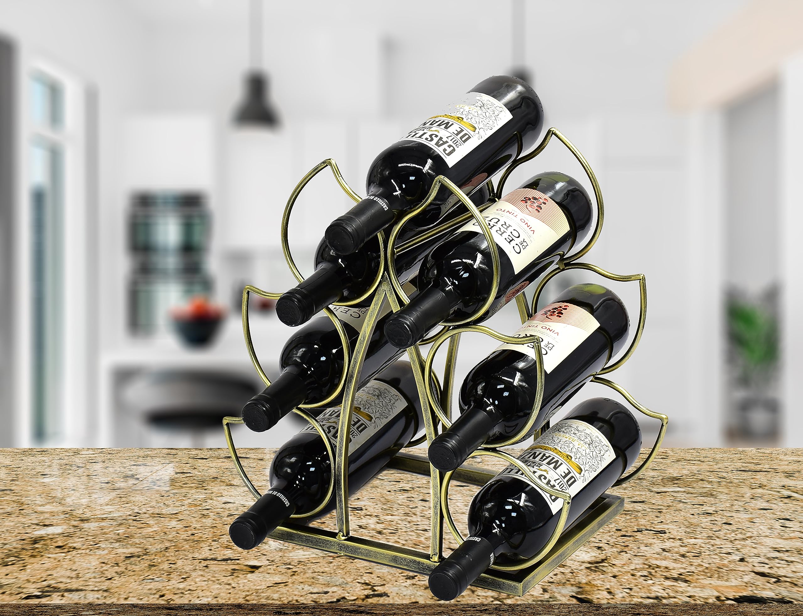 LushAccents Countertop Wine Rack - 7 Bottle Freestanding Modern Silver Metal Small Wine Rack - 3 Tier Tabletop Wine Holder Stand for Countertop, Pantry, Cabinet, Wine Bottle Storage