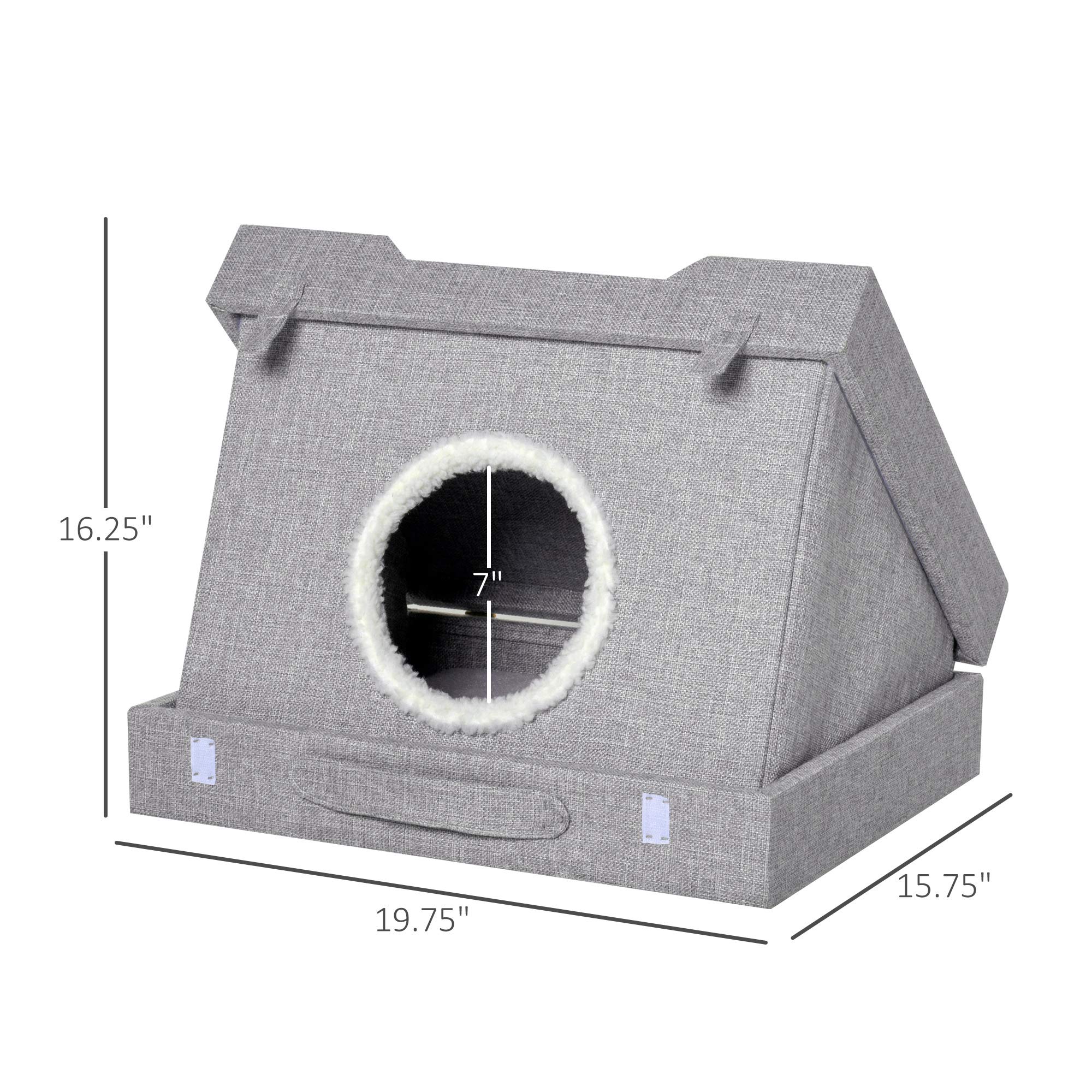 PawHut Cat House Foldable 2 in 1 Design Condo Pet Bed with Removable Washable Cushions Scratching Pad, Grey