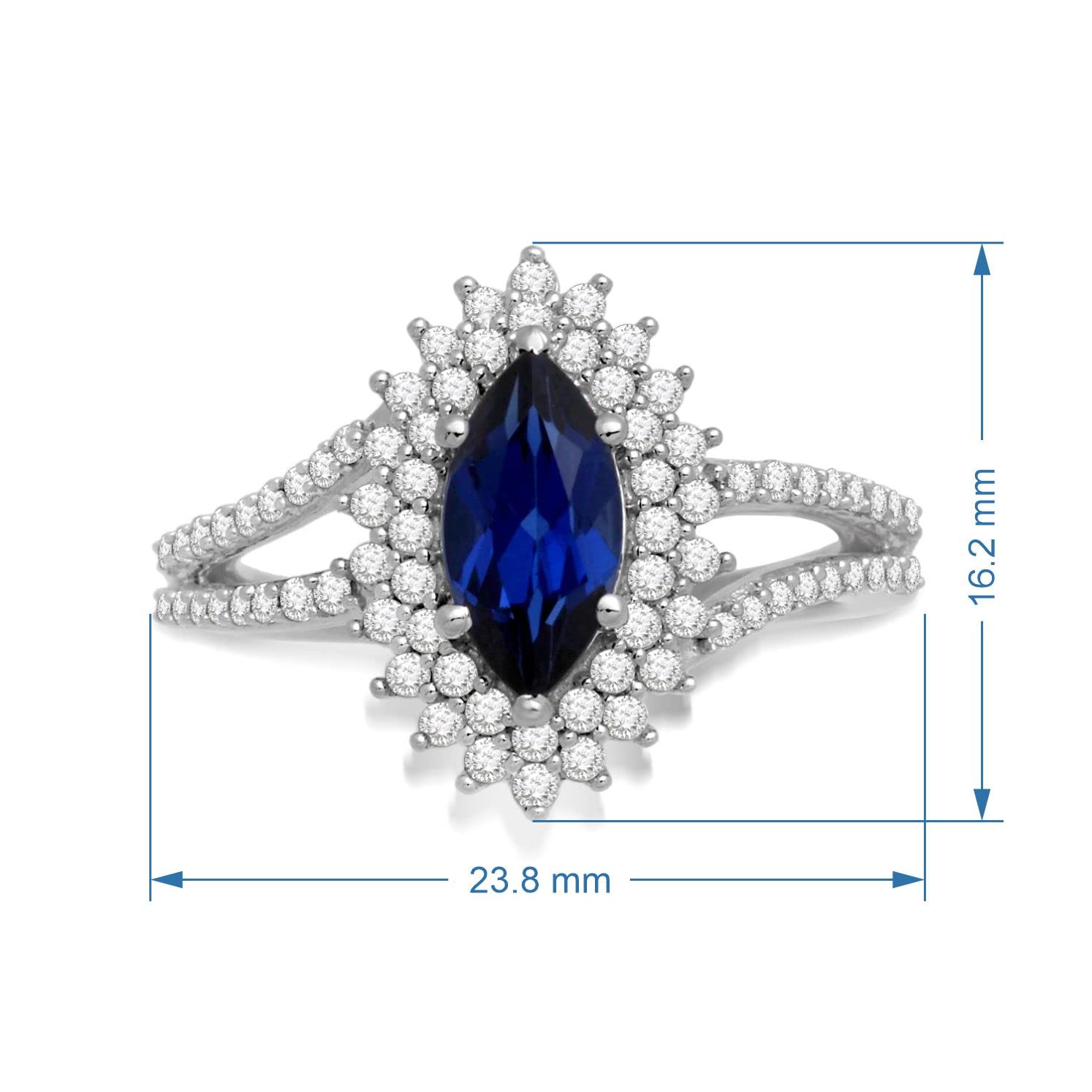 Jewelili Sterling Silver 10x5mm Marquise Created Ceylon Sapphire with Round Created White Sapphire Cocktail Ring, Size 7