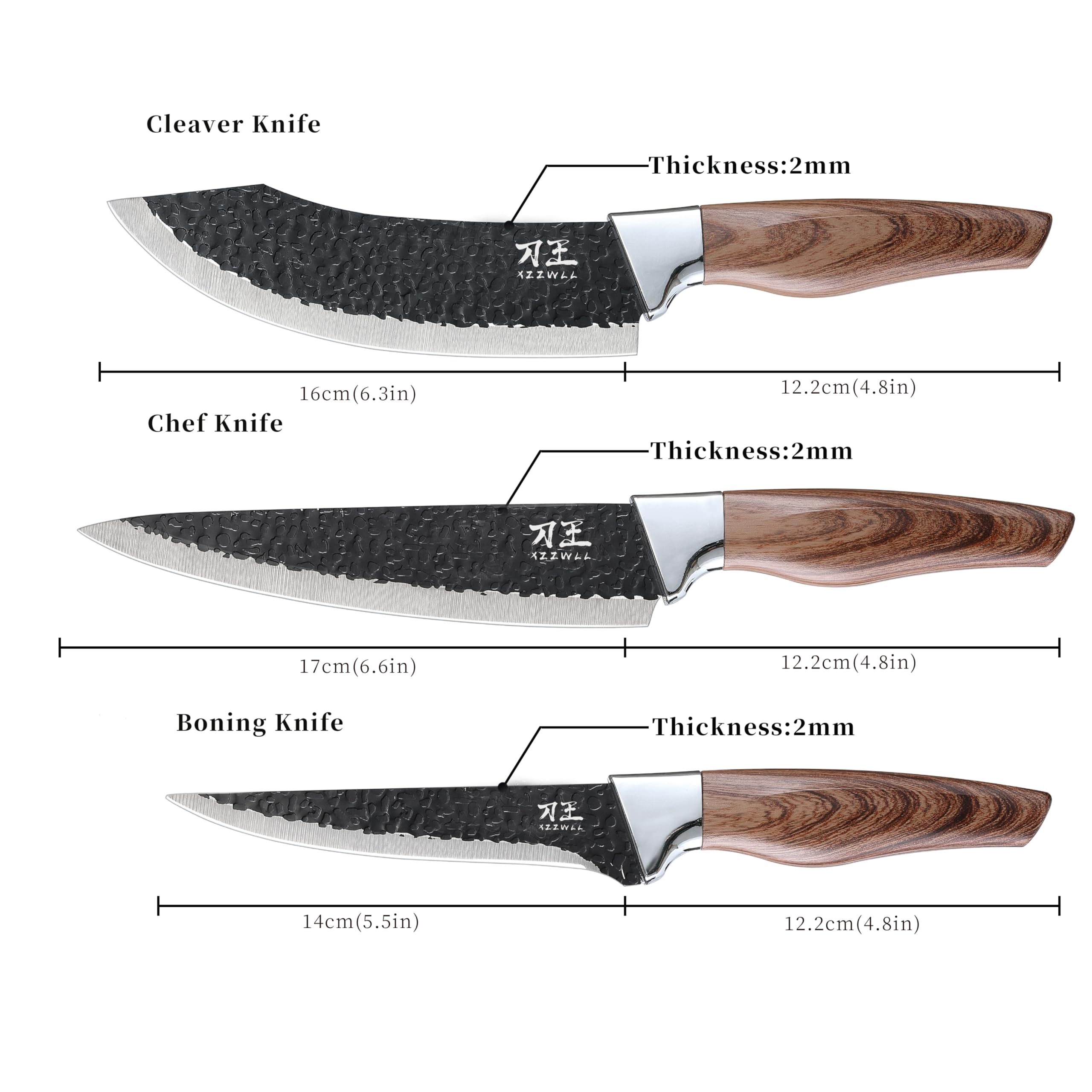 XZZWLL Chef Knife Set, 3 Pieces Kitchen Knives with Sheath, 7” Chef knife 6” Cleaver knife and 5.5” Boning Knife - Ergonomic Handle with Anti-Corrosion Blade