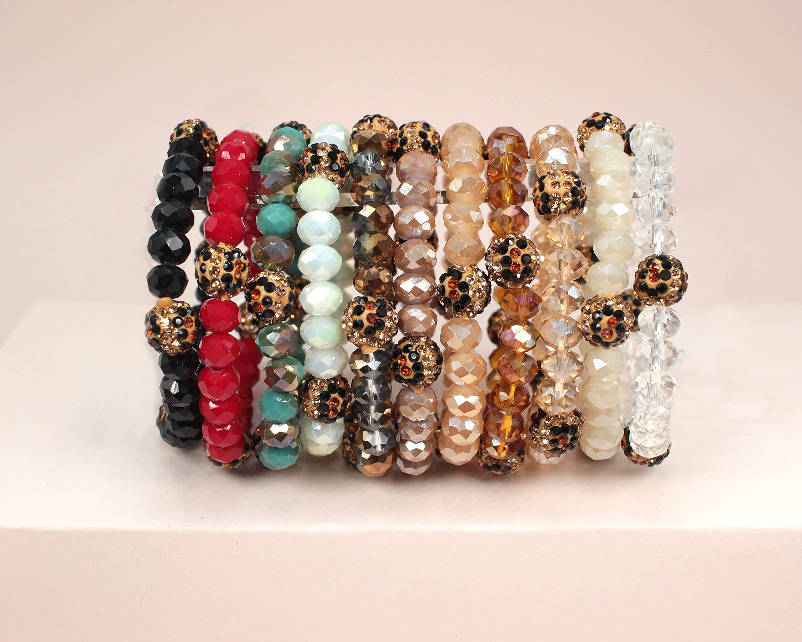 Miracle Collection Bohemian Glass bead with Leopard Crystal Ball Stretch Bracelet-Versatile Stretch Sparkly Crystal Beads Stackable Bracelet. (Topaz)
