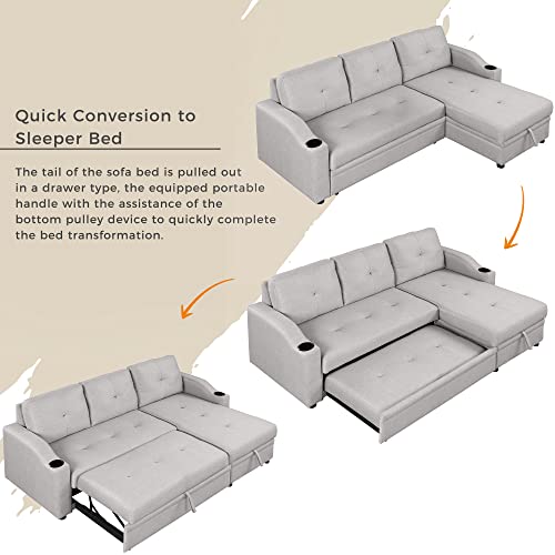 UBGO Modular, L-Shaped Living Room Furniture Sets,Pull Modern Padded Upholstered Sofa Bed, Linen Fabric 3 Seater Storage Chaise and Cup Holder, Couch for Small Spaces,Gray