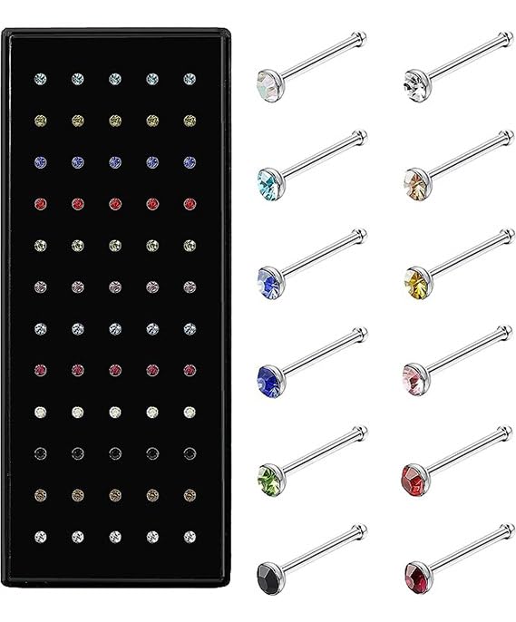 Jstyle 22G 60 Pcs Stainless Steel Nose Studs Rings Piercing Pin Body Jewelry Cai 1.5mm