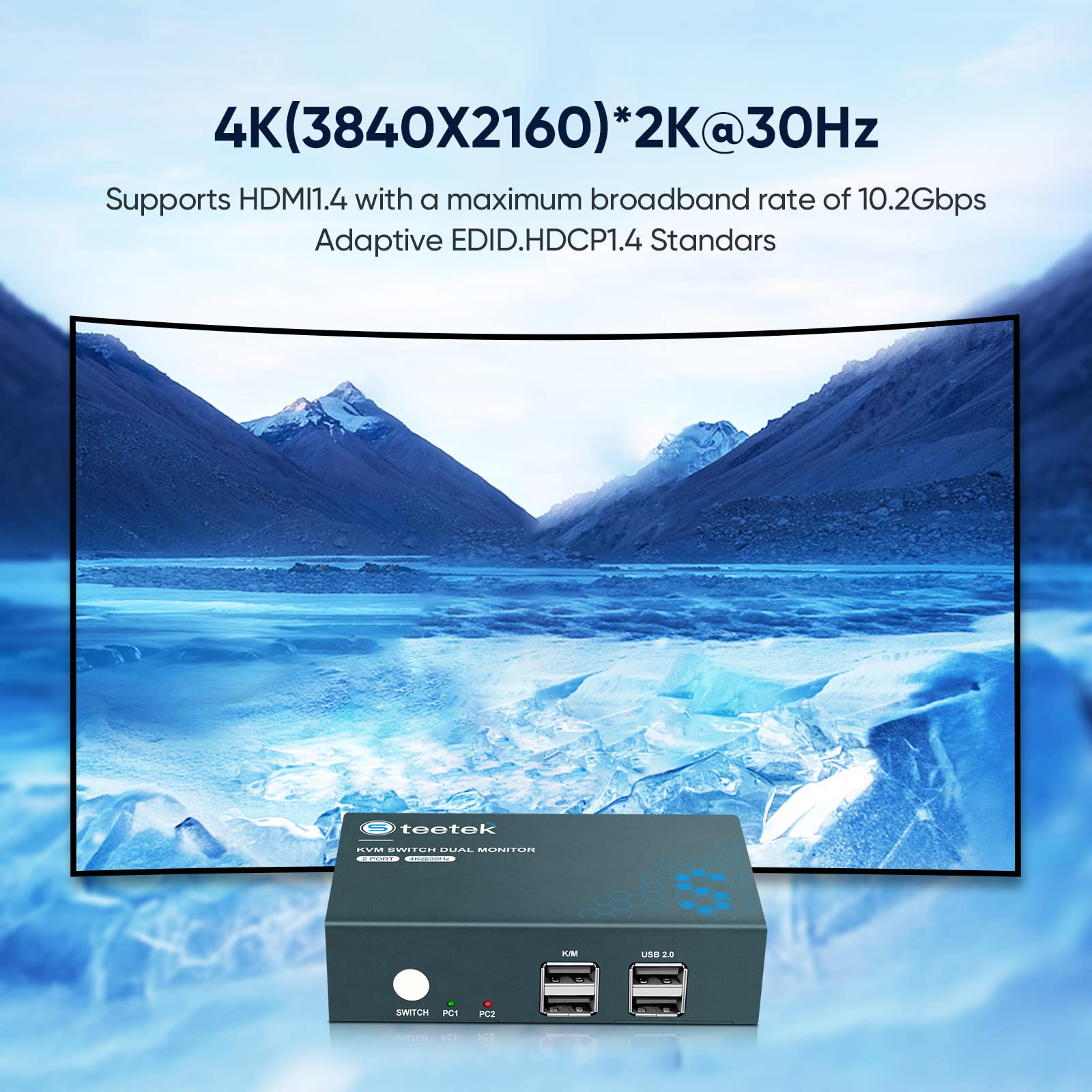 Steetek Dual Monitor KVM Switch 2 Port 4K@30Hz, HDMI KVM Switch Extended Display for 2 Computers Share 2 Monitors and 2 USB 2.0 Hub, Hotkey Switching, 4 HDMI and 2 USB Cables Included.
