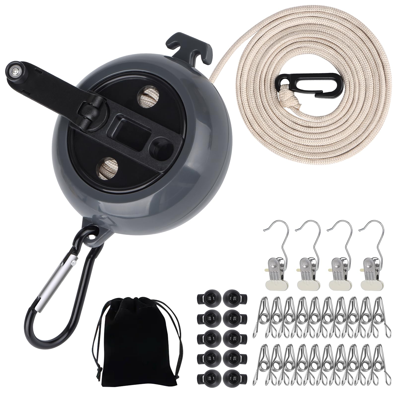 Zmains Retractable Clothesline Outdoor, Adjustable 32.8ft Travel Clothesline Portable Clothesline for Outdoor/Indoor Laundry Rope with 10pcs Stoppers 20pcs Windproof Clothespins 4pcs Hooks