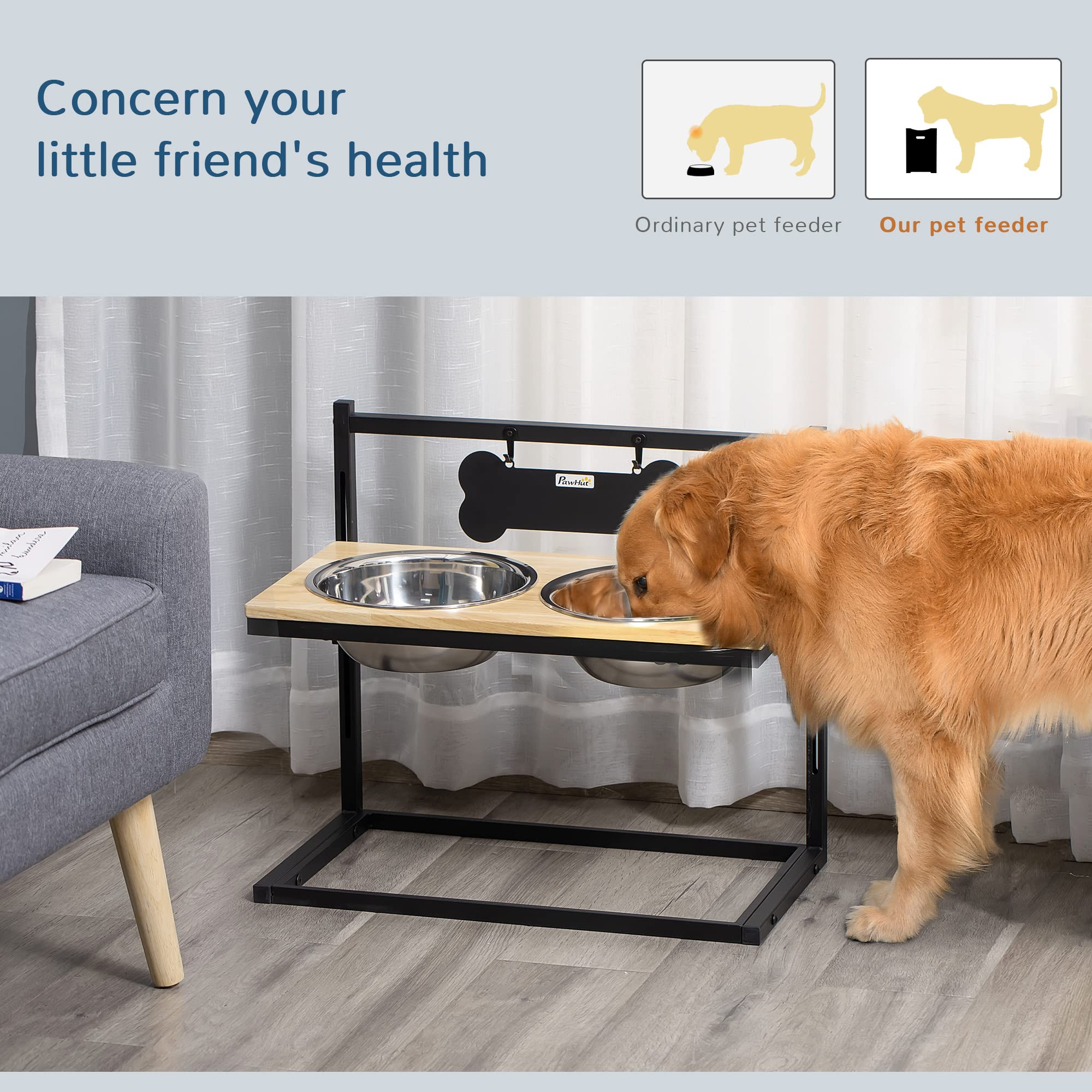 PawHut Elevated Dog Bowls Feeder with Stainless Steel Set, Twin Raised Adjustable Pet Food Platform for Medium, Large Dogs, Natural