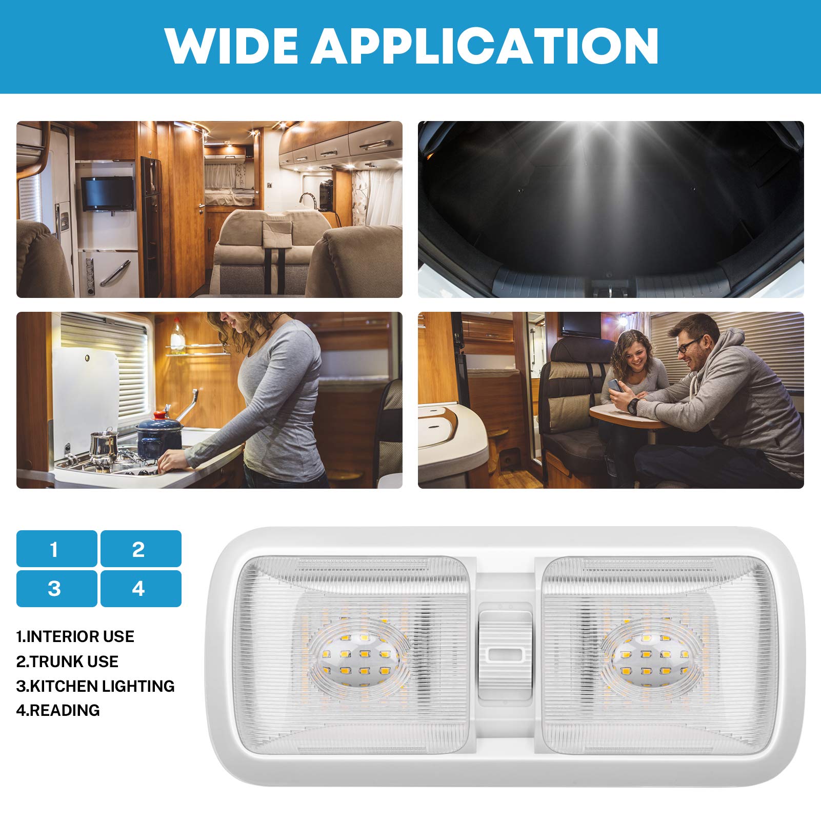 Kohree Upgrade 1000 Lumen Led RV Ceiling Double Dome Light Fixture, 5 Pack 12V Camper Interior Lighting with ON/Off Switch for Trailer RV Car Boat, Clear Cover (Natural White 4000-4500K, 60 X 5050SMD)