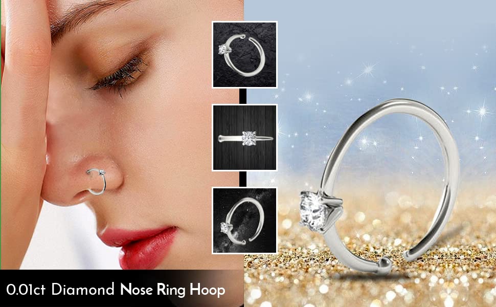 JewelMore Diamond Nose Ring Hoop - 14K White Gold or Yellow Gold (Yellow Gold)
