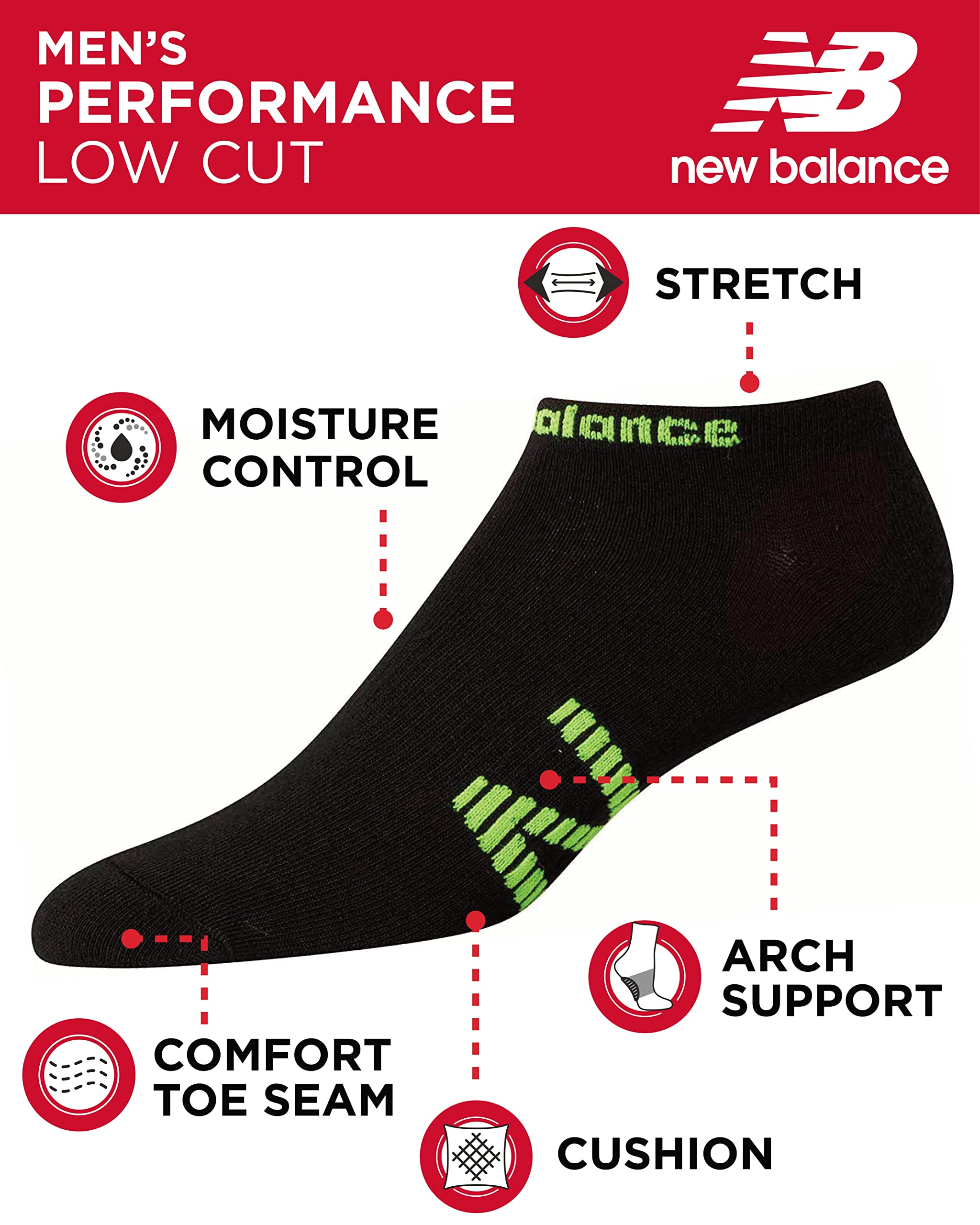 New Balance Men's Low Cut Socks - 12 Pack Performance Cushion No Show Athletic Socks for Men with Arch Support (Size: 6-12.5), Size 6-12.5, Black Logo 2
